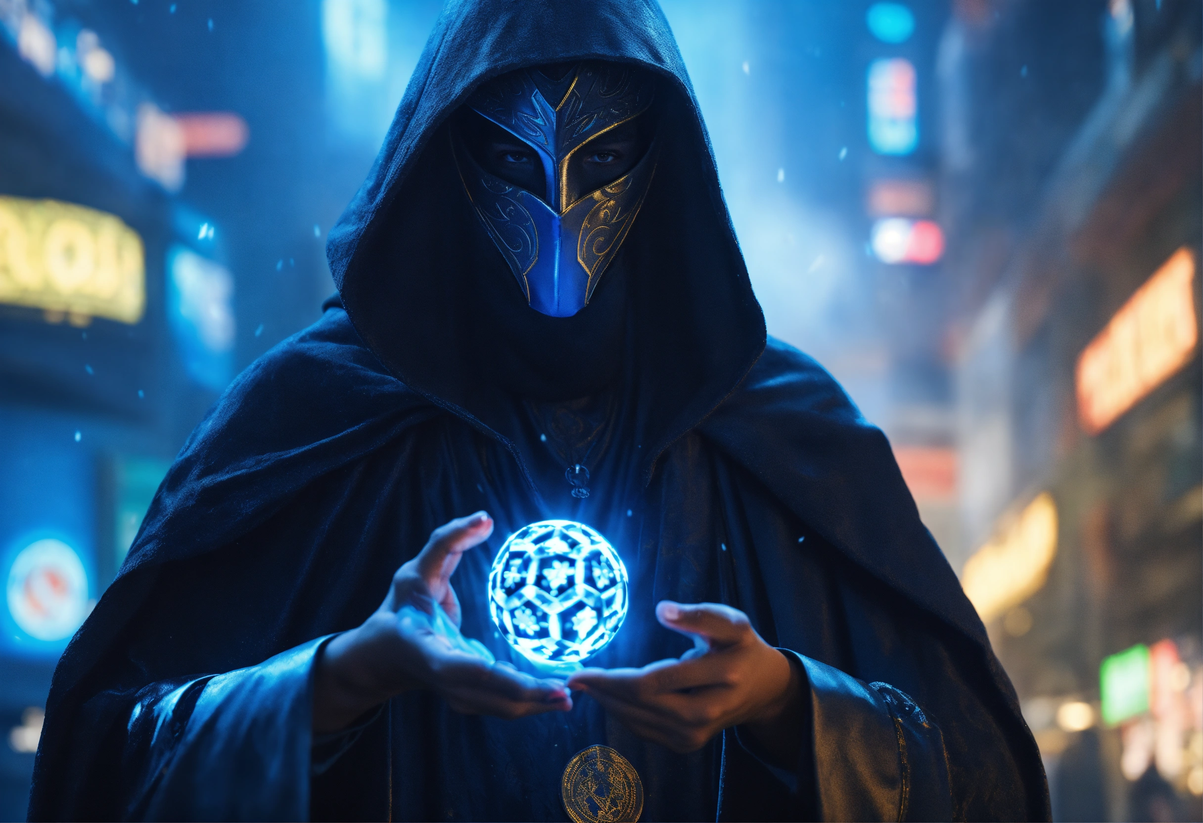 Lexica - A black and blue cloaked masked sorcerer casting a spell ...