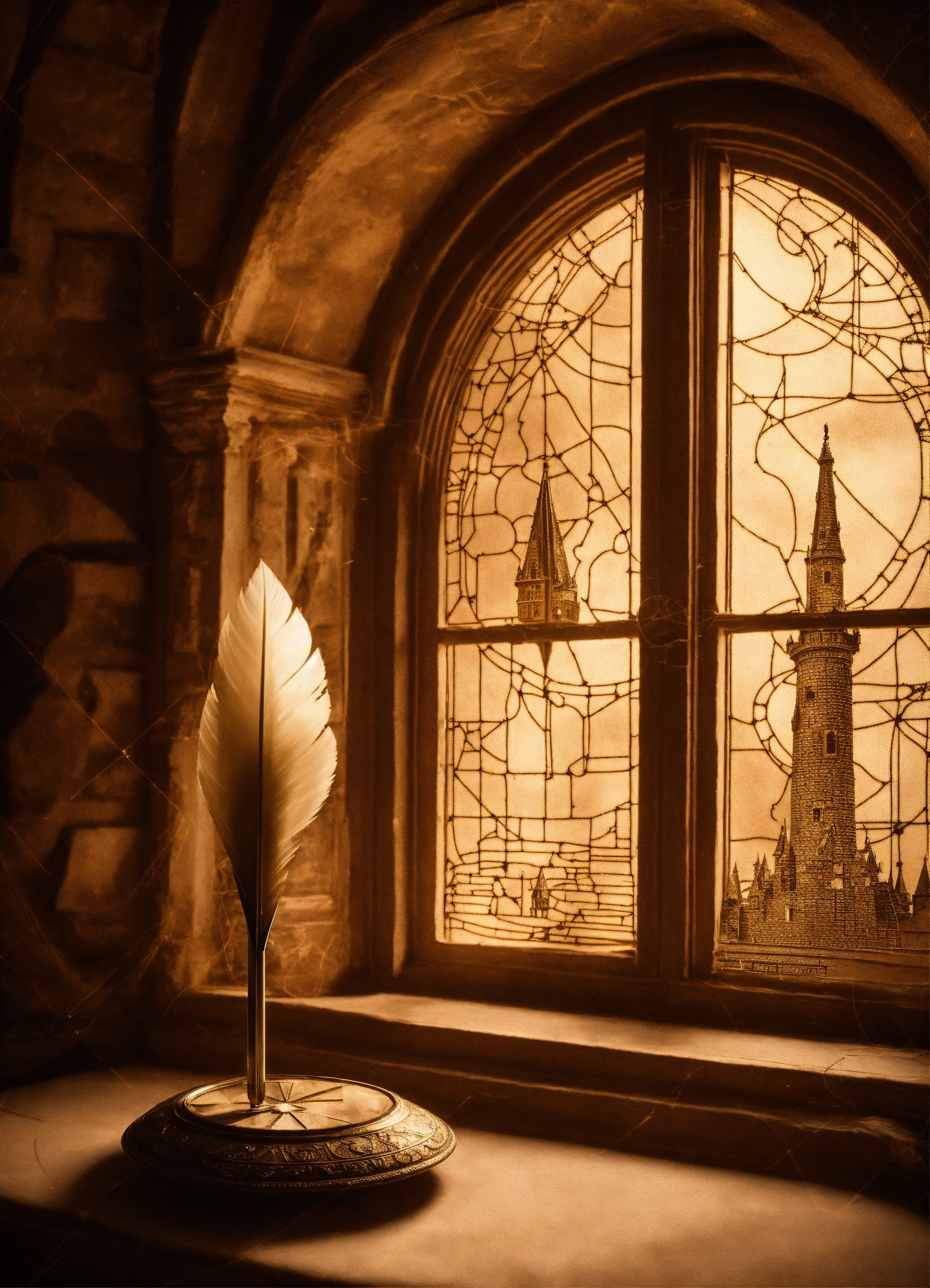 Lexica - A quill on a star map, against a castle window. Art deco style ...