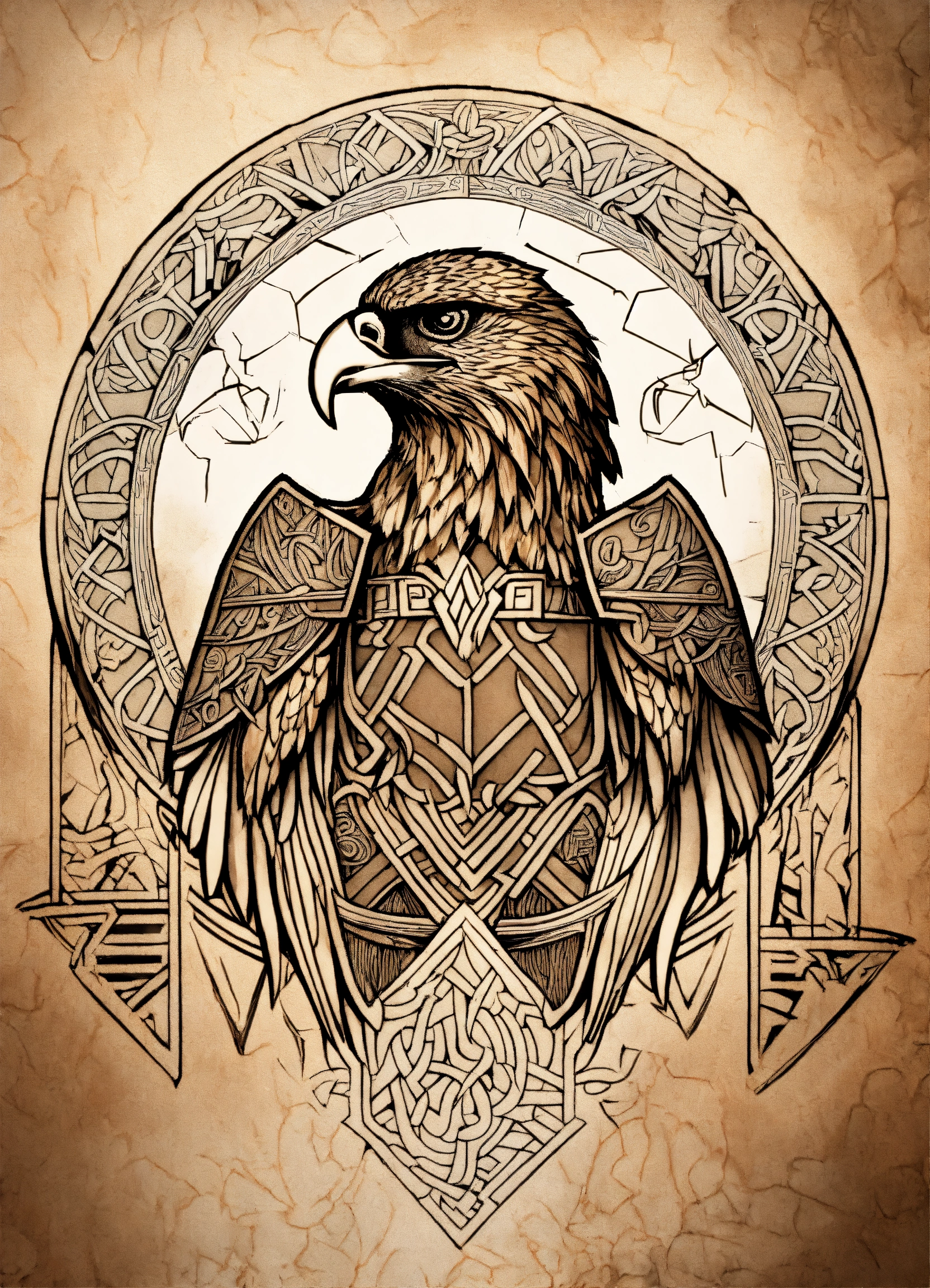 Lexica - Line work style, hawk head, viking runes, viking simbold