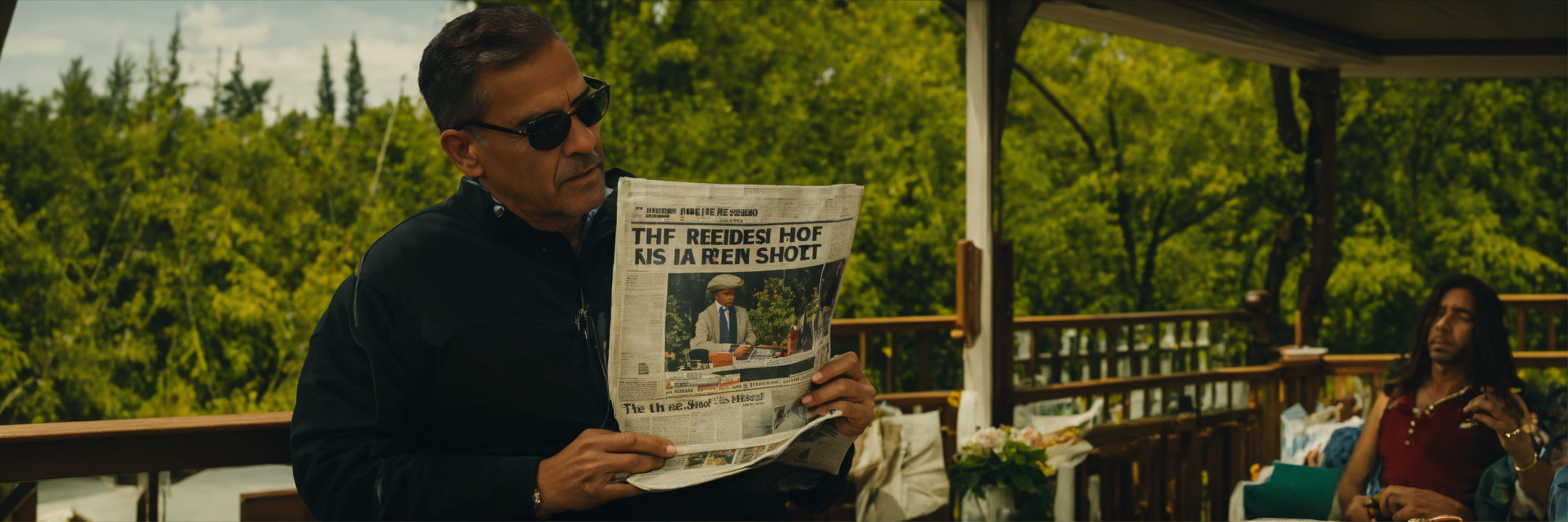 Lexica - A man reading the newspaper on the deck. the headline says ...