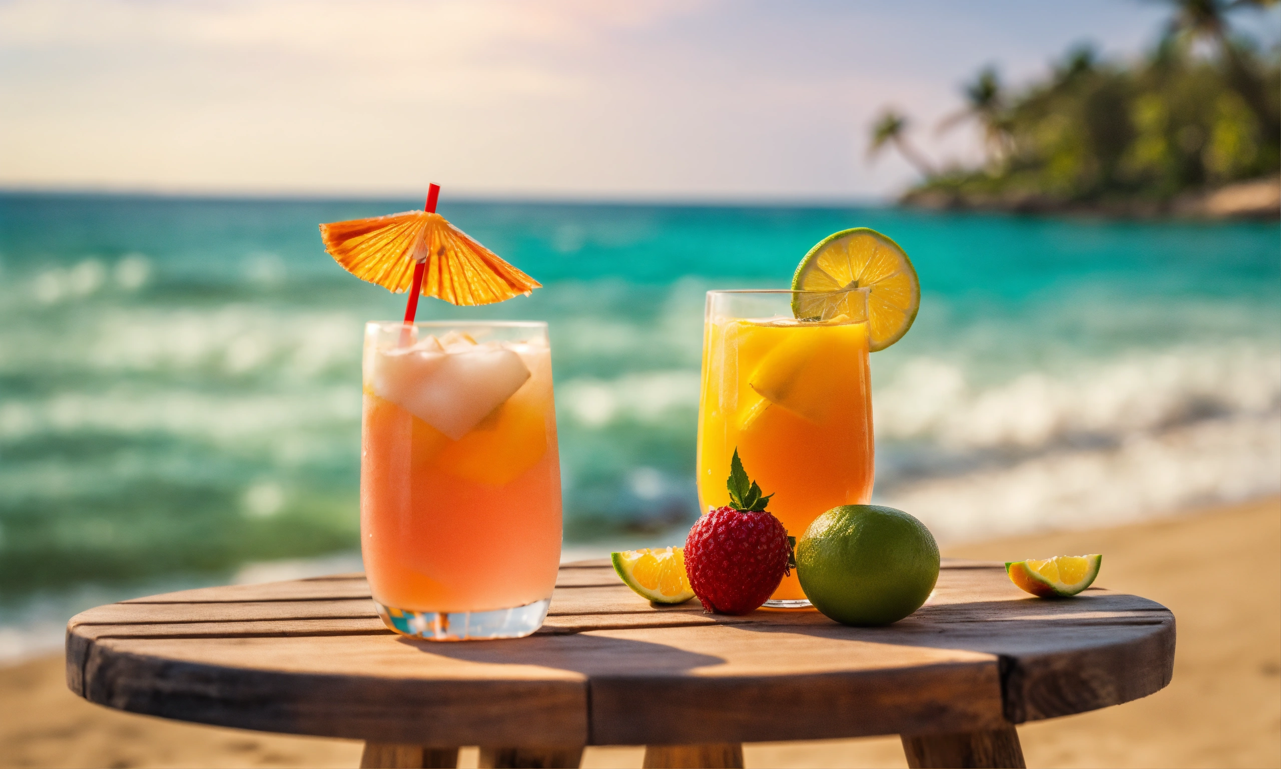 Lexica - Tropical drink on a small table, behind is the beach with blue ...