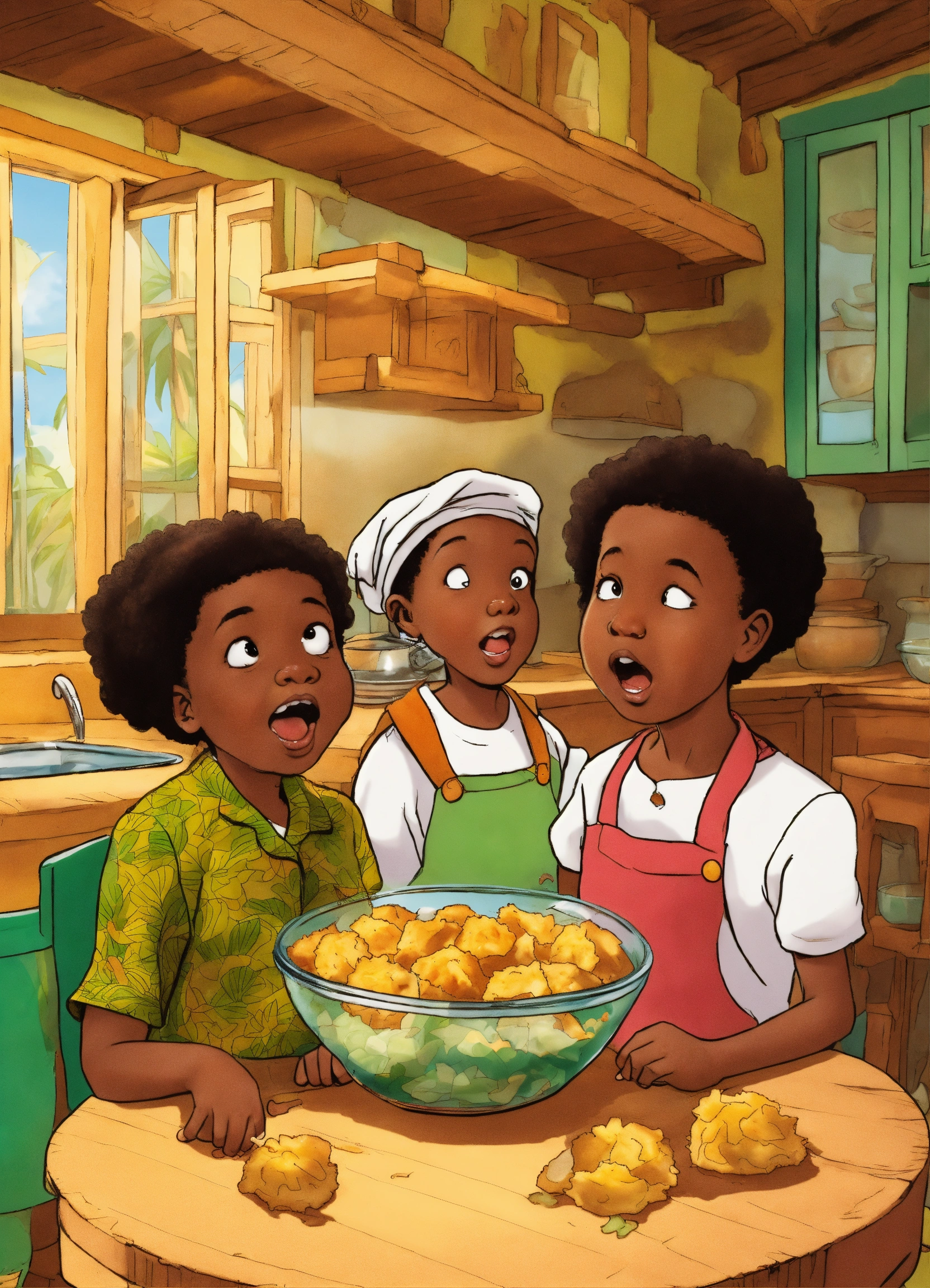 Lexica - A cartoon strip of three Caribbean children looking surprised ...