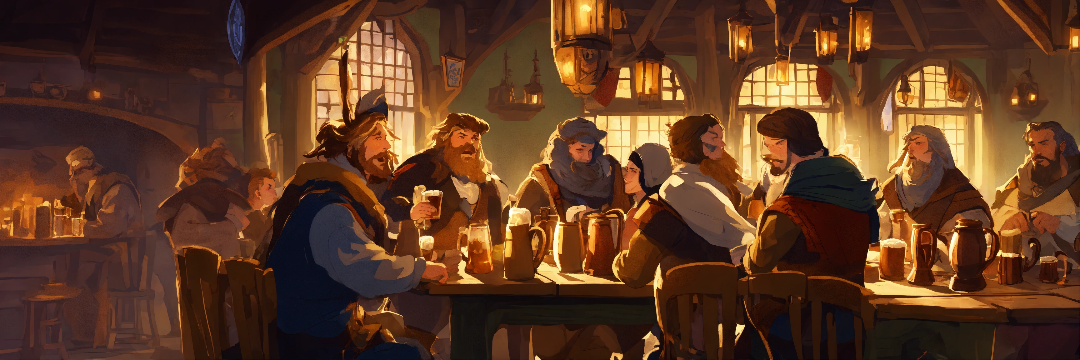 Lexica - Fantasy tavern bustling with fantasy characters, sitting at a ...