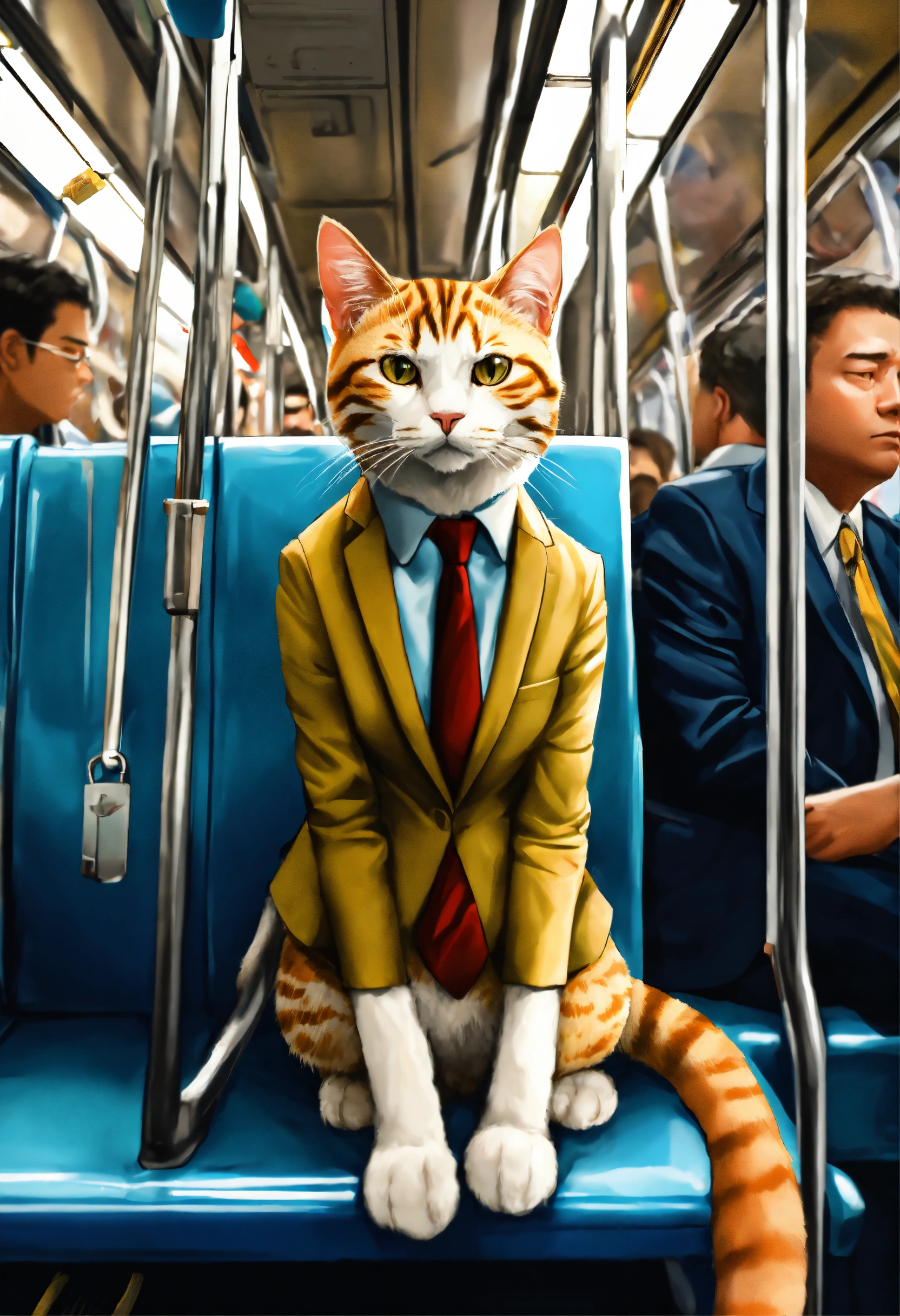 Lexica - A cat in a business suit sitting in a crowded subway train ...