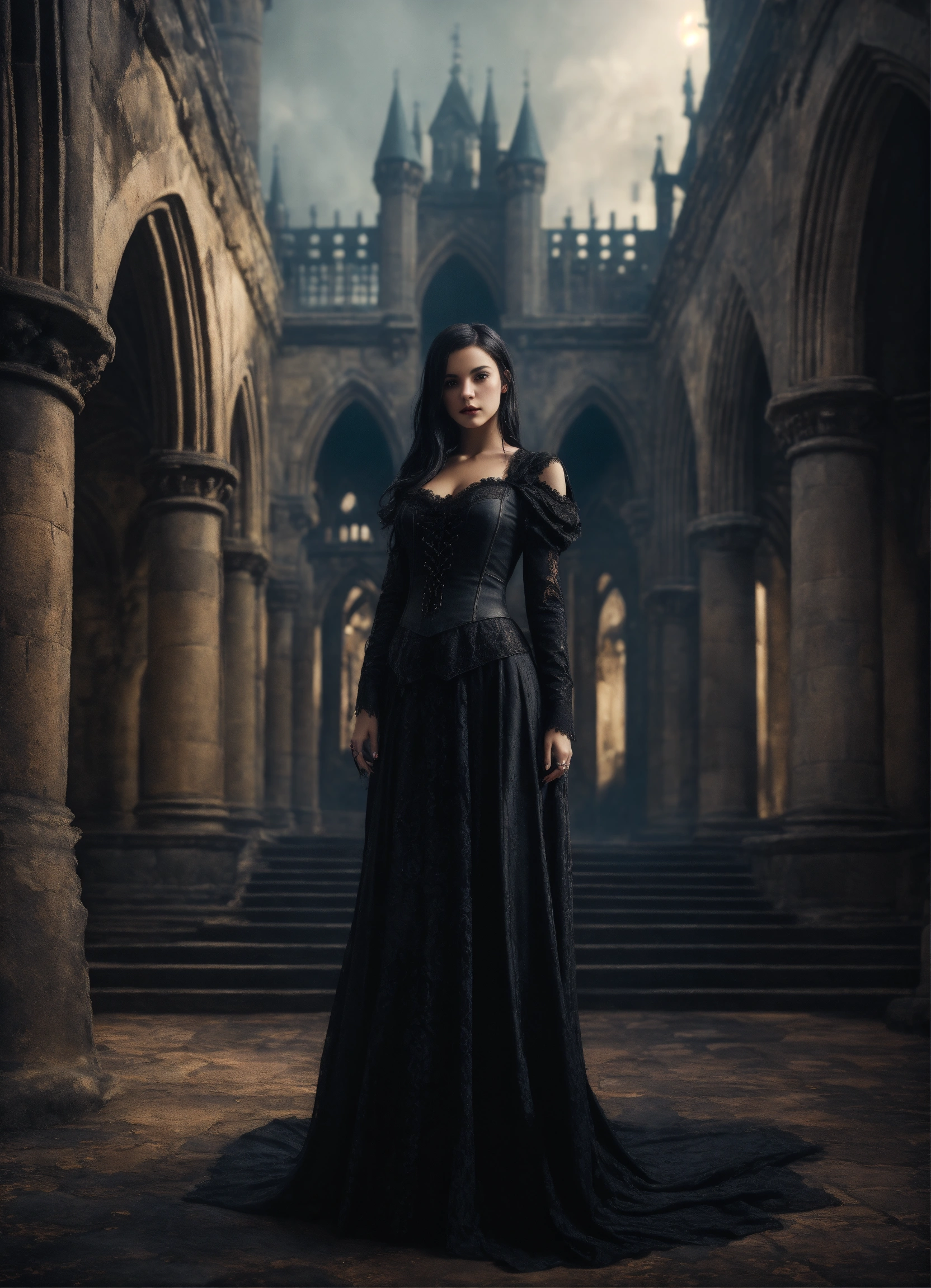 Lexica - Gorgeous dark haired European girl standing in a gothic castle ...