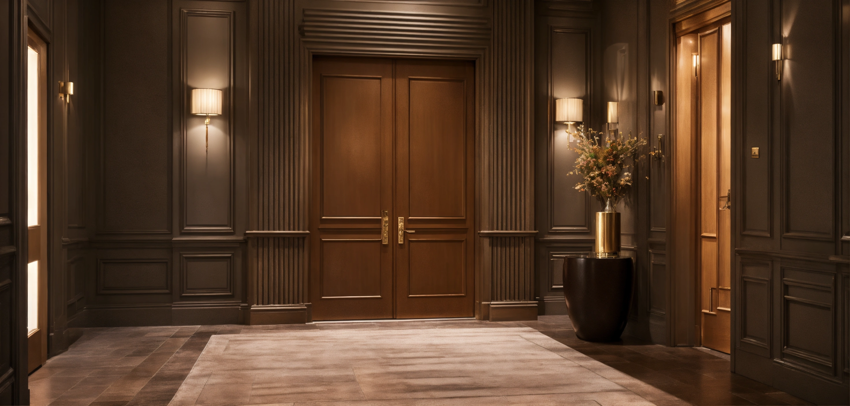Lexica - Entrance brown door, gray walls, brown background close up ...
