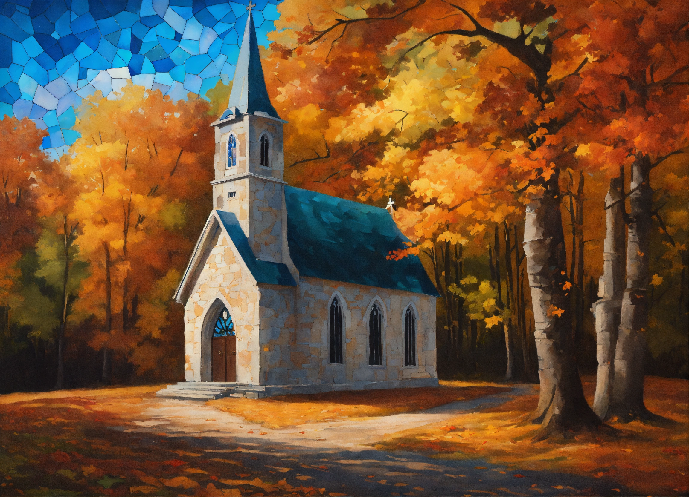 Lexica - Create a painting of a small, old stone church with a cross on ...