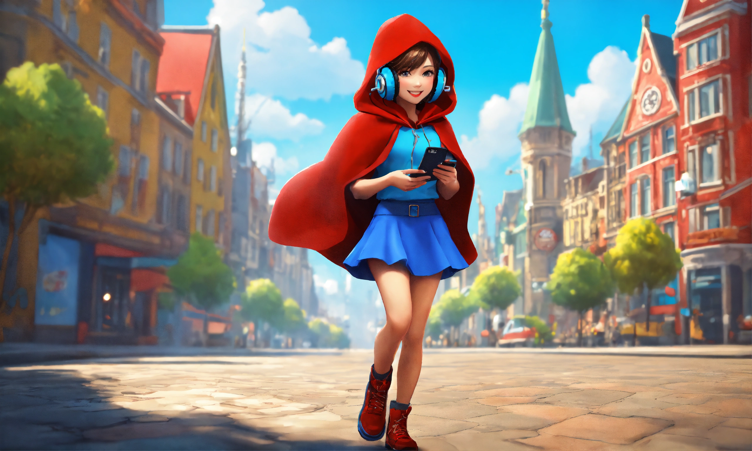 Lexica - Cartoons smiling modern Red Riding Hood, wearing short blue ...
