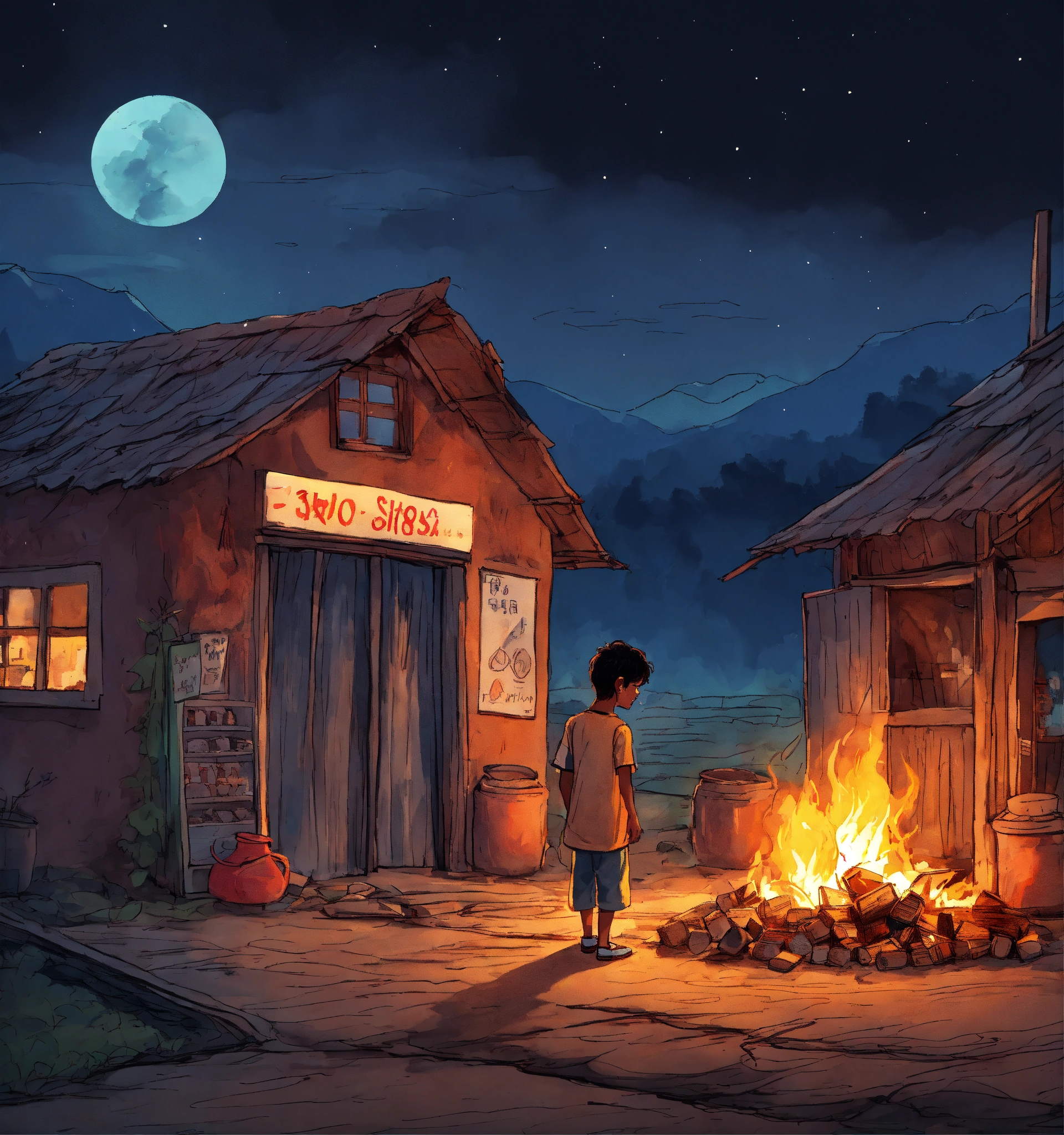 Lexica - A hand drawn painting of a poor, young Indian village boy ...