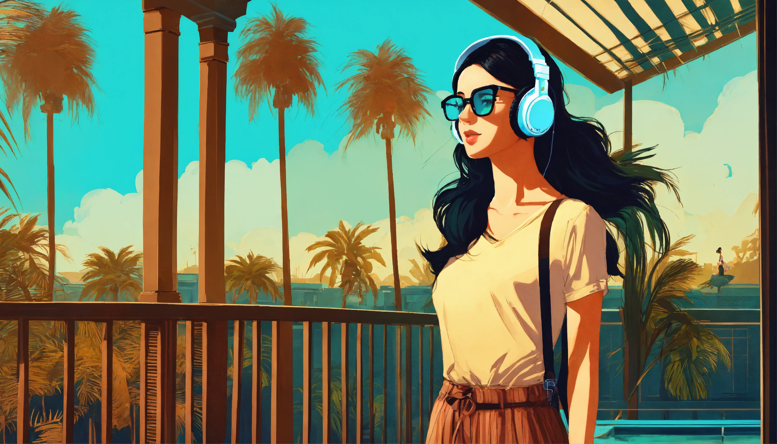 Lexica - A girl with black long hair in glasses and headphones stands ...