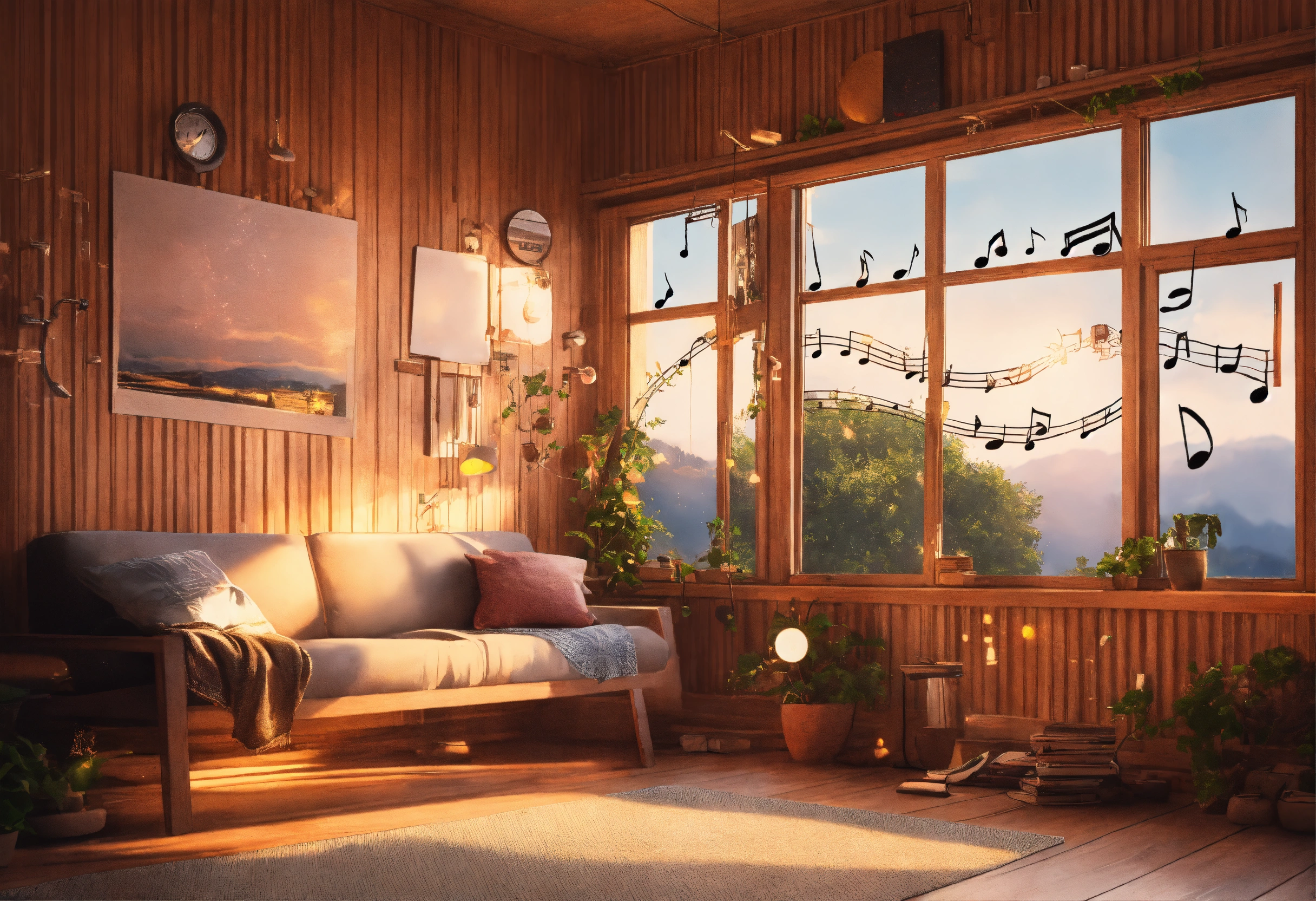 Lexica - Chill background with music notes in the air and in a house ...