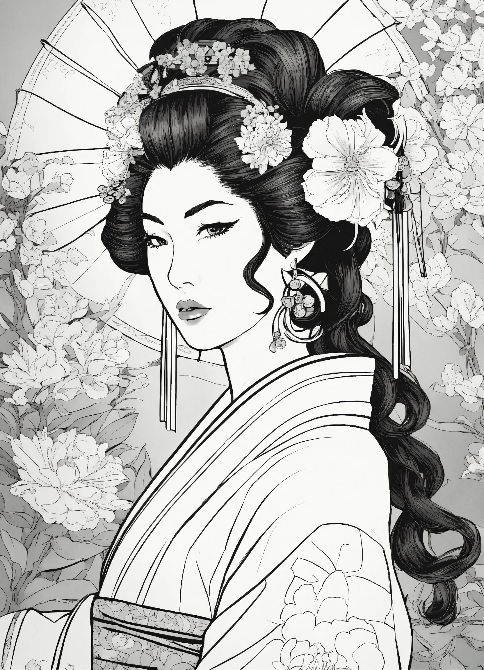 Lexica - Adult Coloring Book Page of a Geisha pin-up, Line Art, Black ...