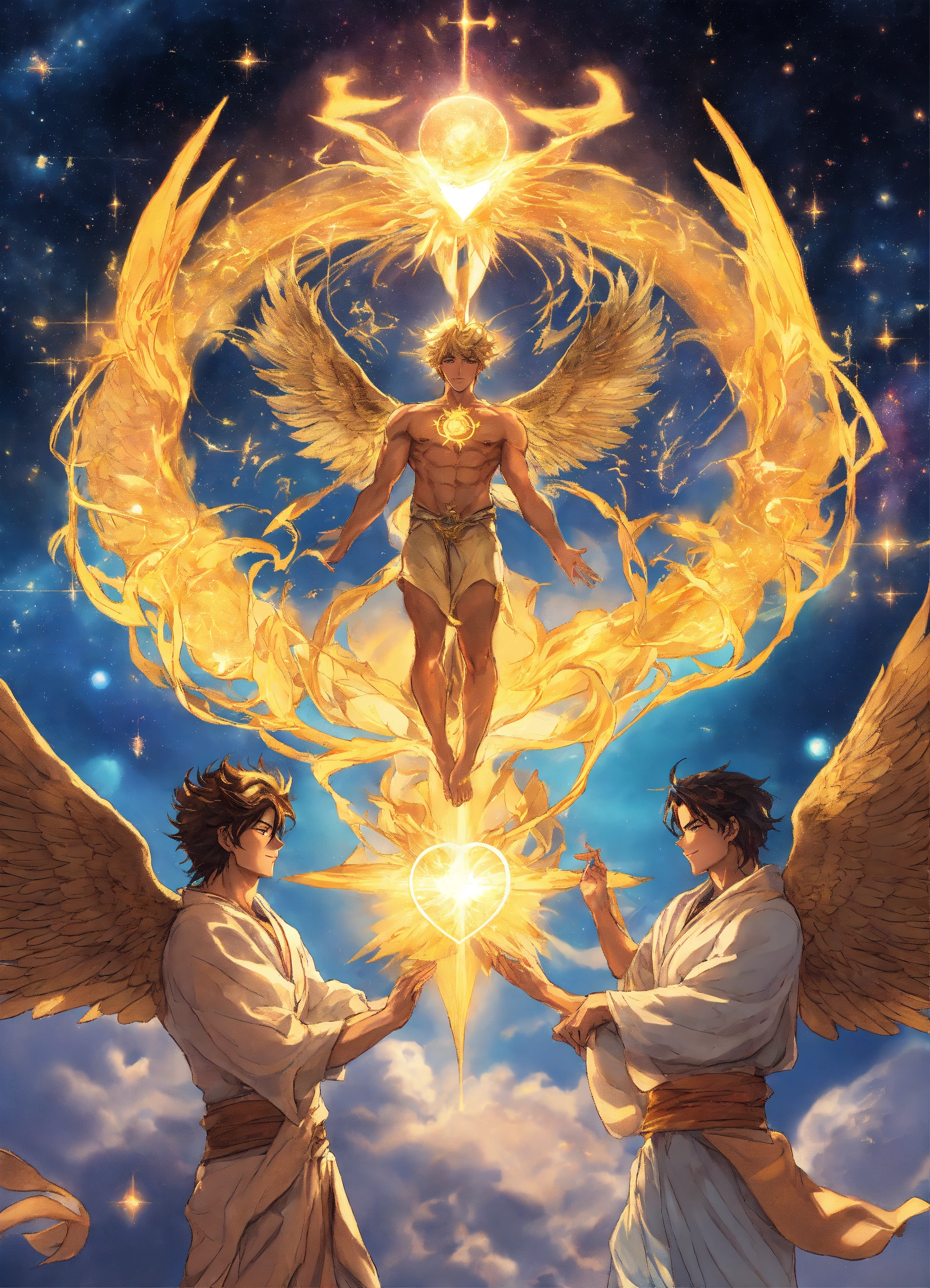 Lexica - 3 latín male celestial beings merging, a ray from the heart ...