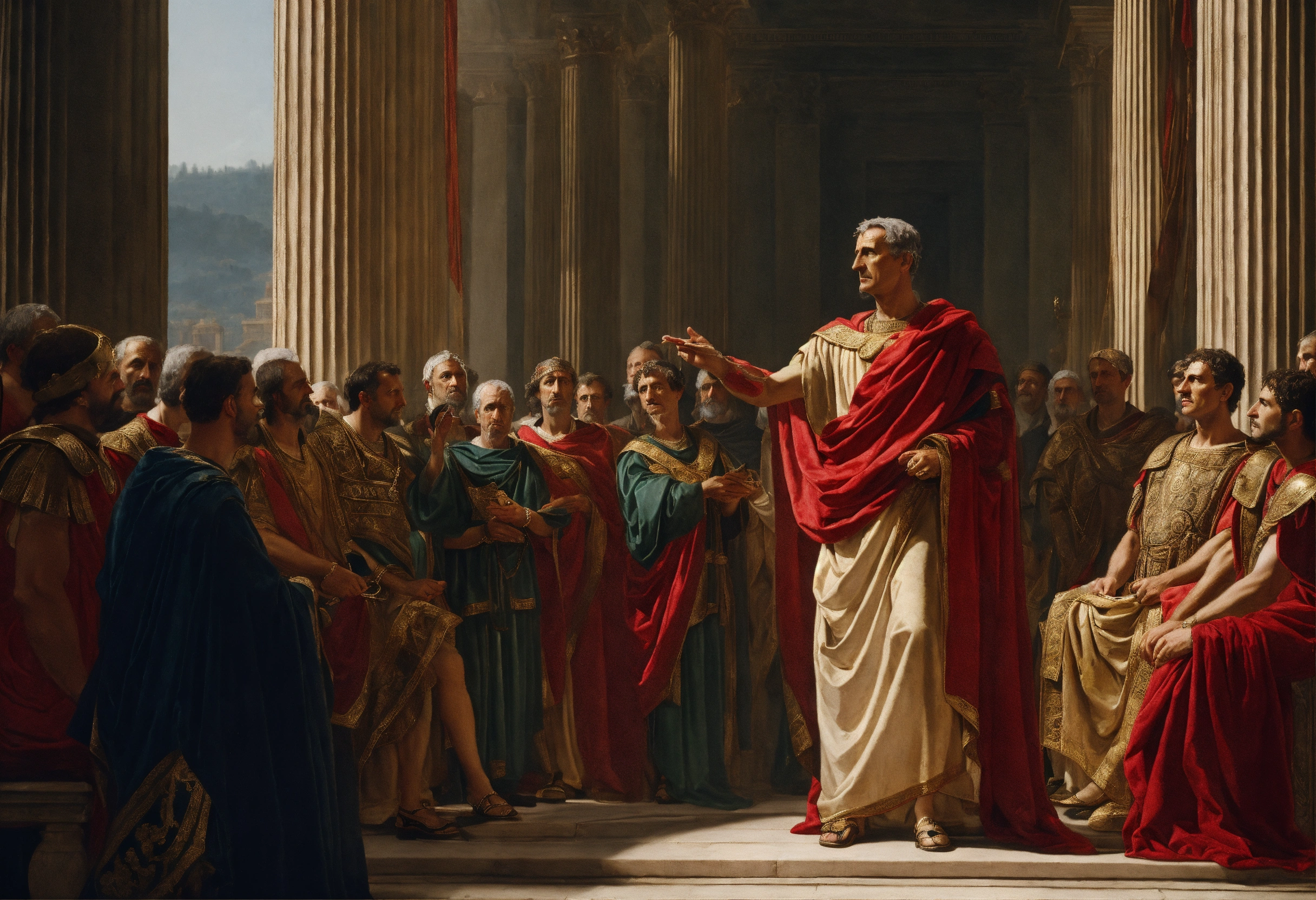 Lexica - Julius Caesar in his court giving order to people.