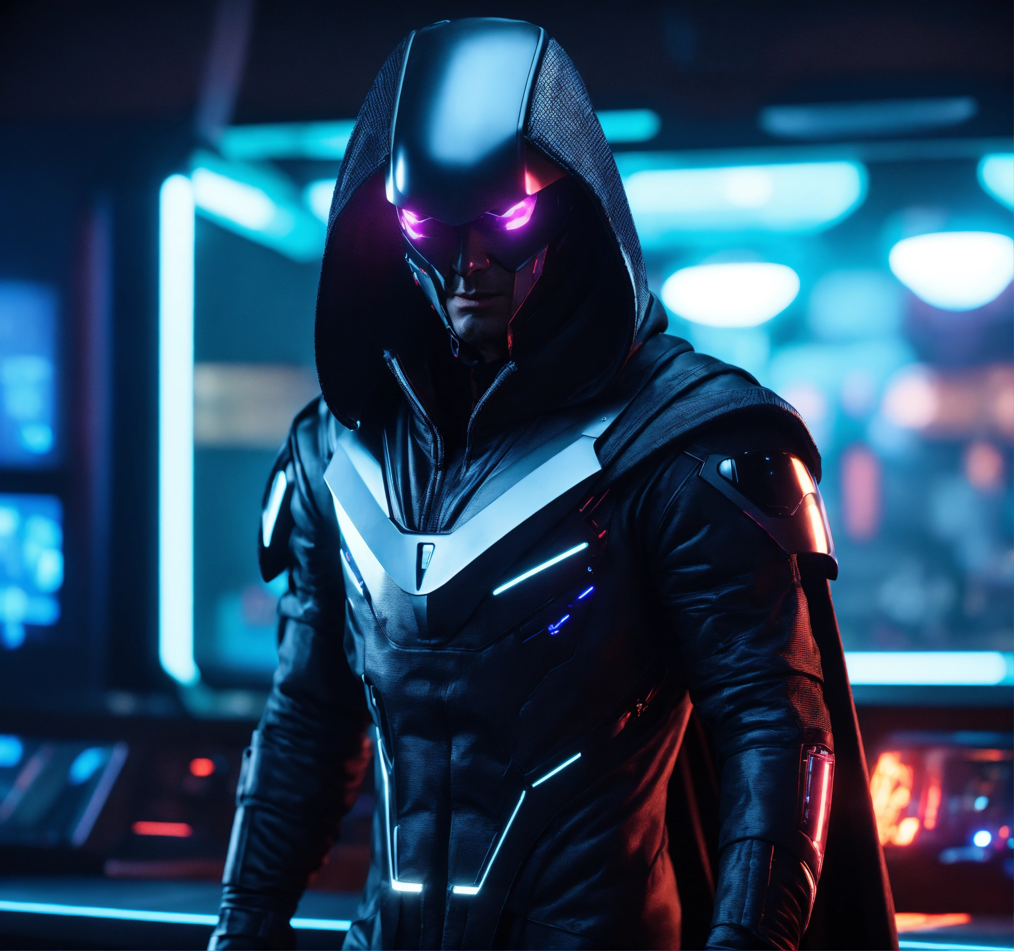 Lexica - Male alien mutant half cyborg hacker wearing a hood, wearing a ...