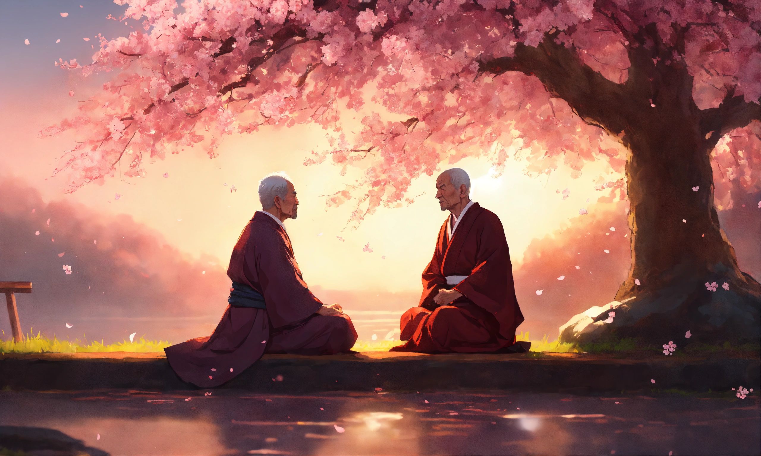 Lexica - An old zen master talking to a man under cherry blossom tree ...