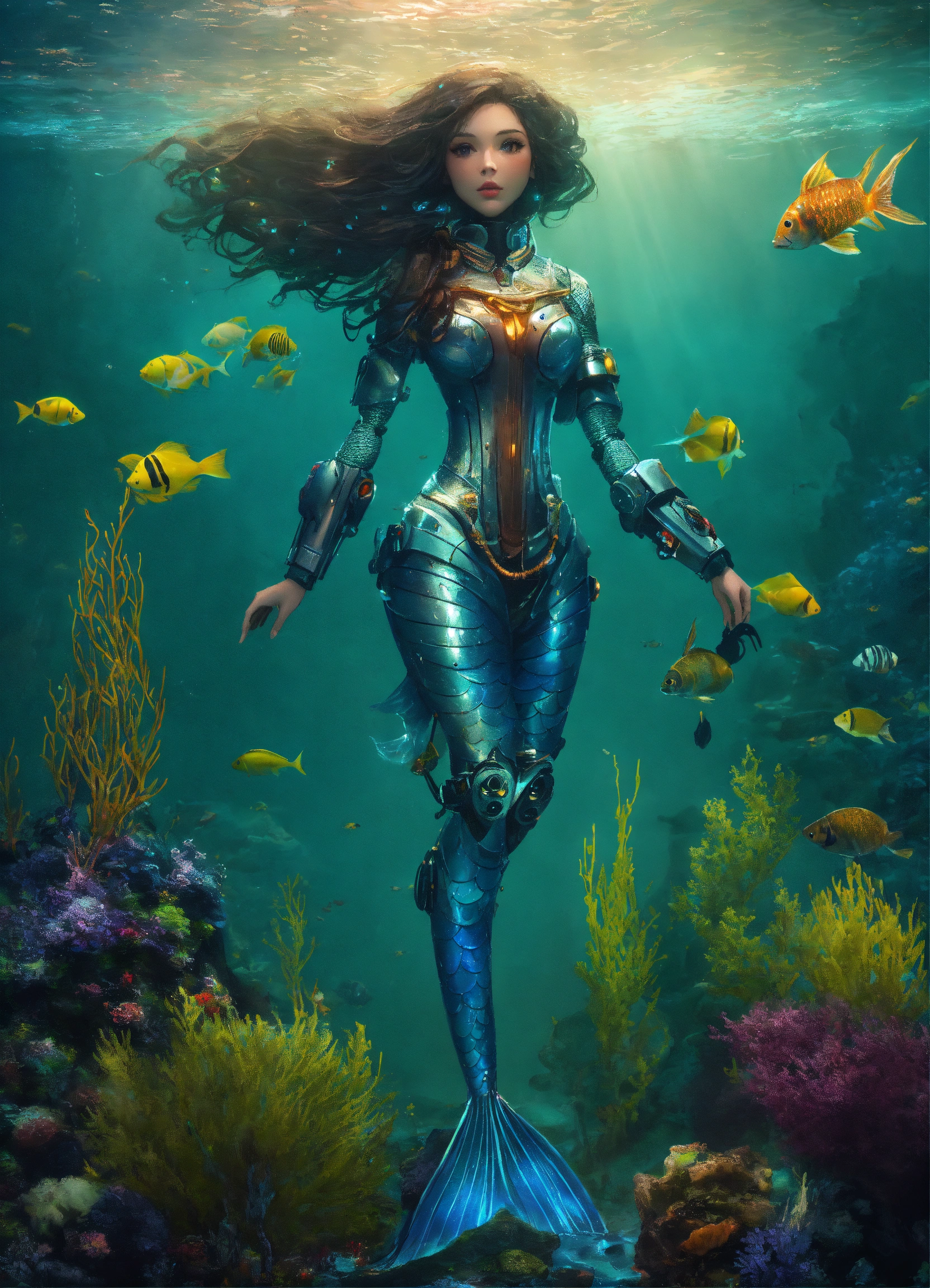 Lexica - A robot mermaid in the bottom of the sea, dark light , whit a ...