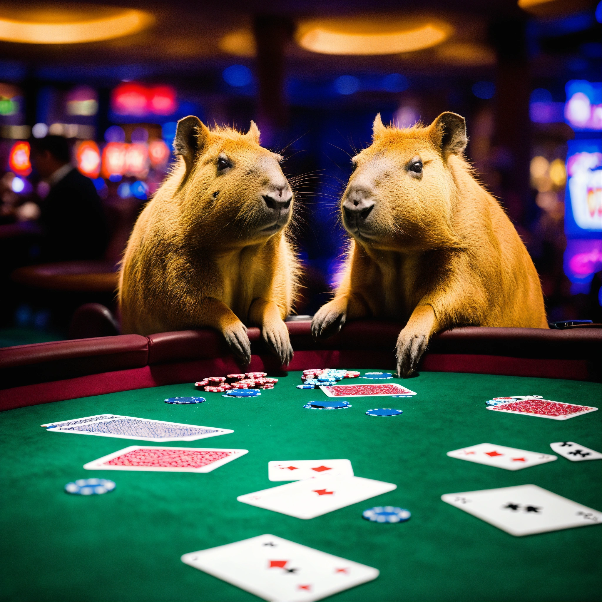 Lexica - Photo of a group of capybaras playing cards in a casino in Las ...
