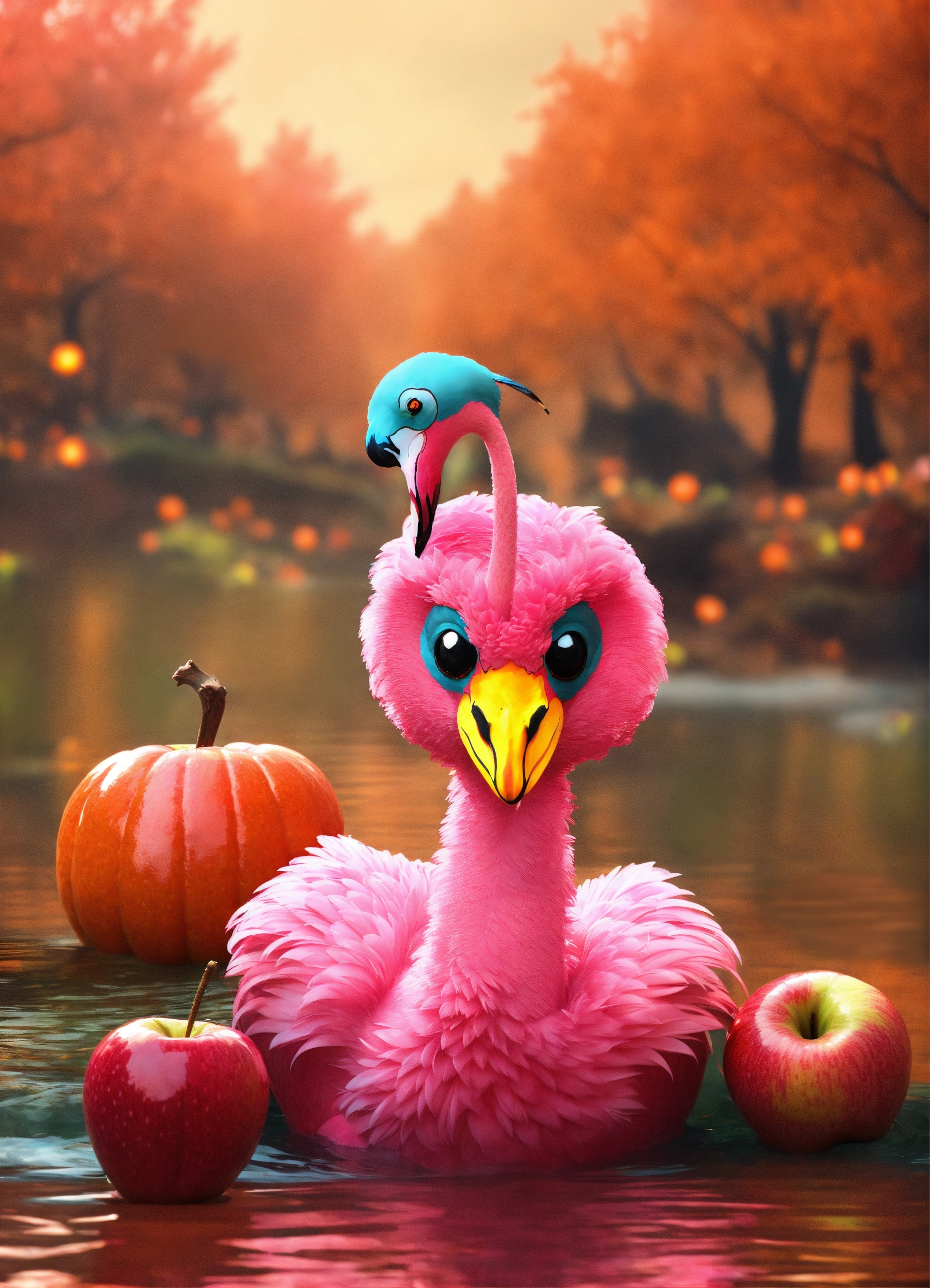 Lexica - A ‘pink flamingo in a dragon costume bobbing for apples on ...