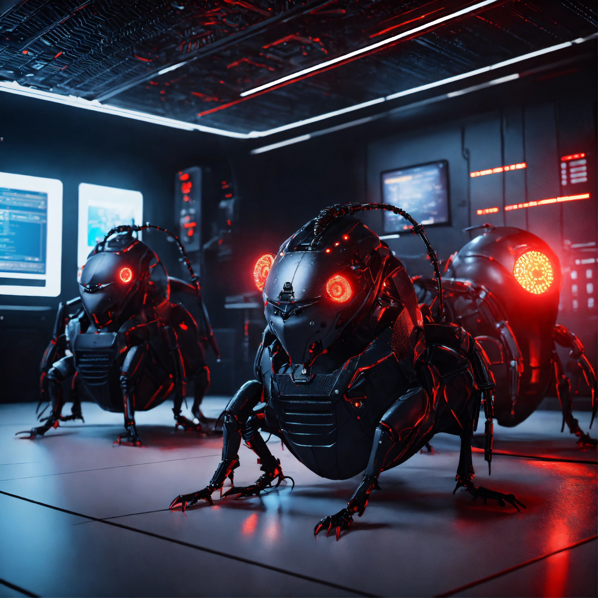 Lexica - 3 black cockroach faced humanoids with red glowing eyes and ...