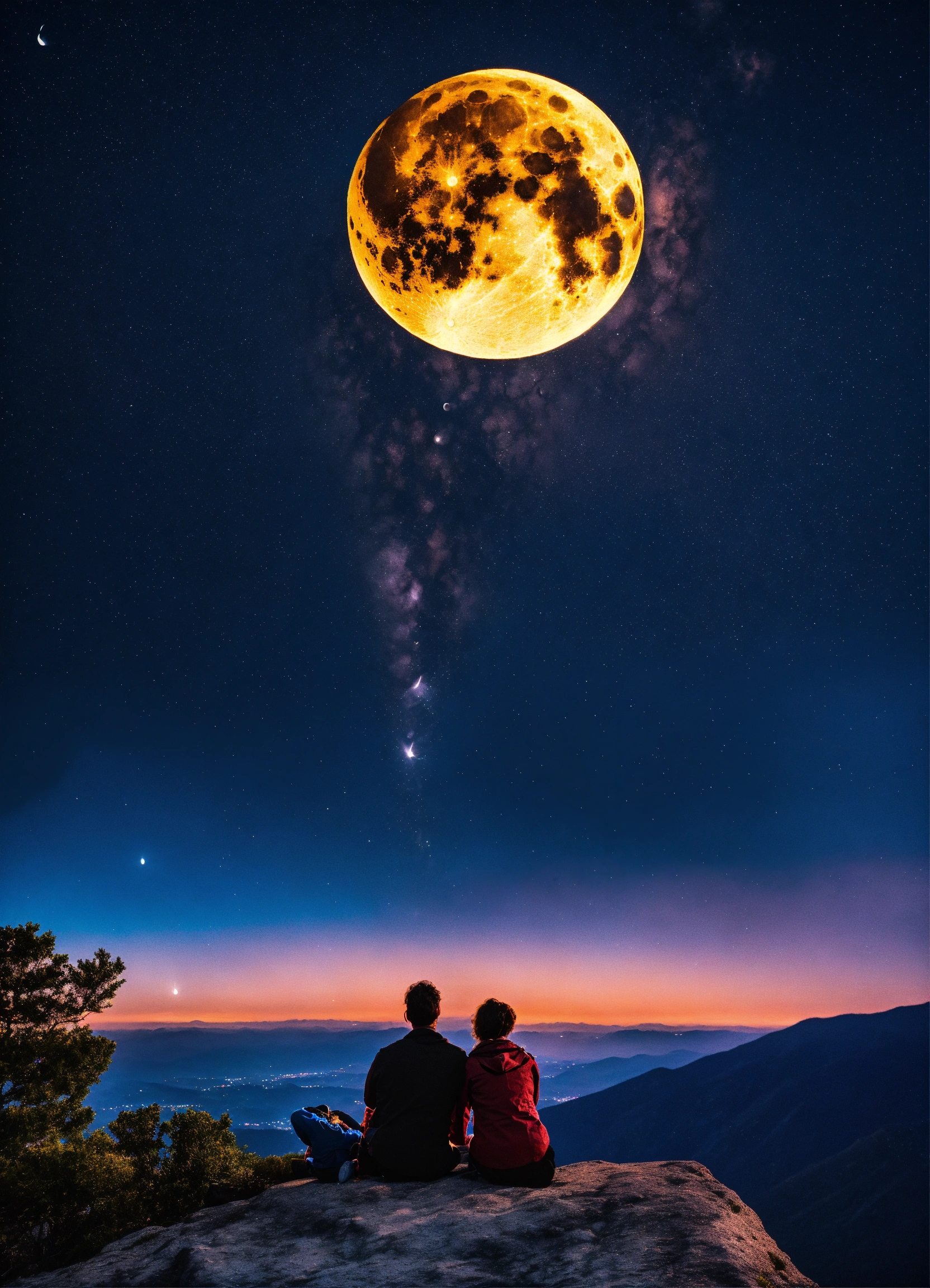 Lexica - A couple sitting on a mountain top watching the moon explode in the night sky
