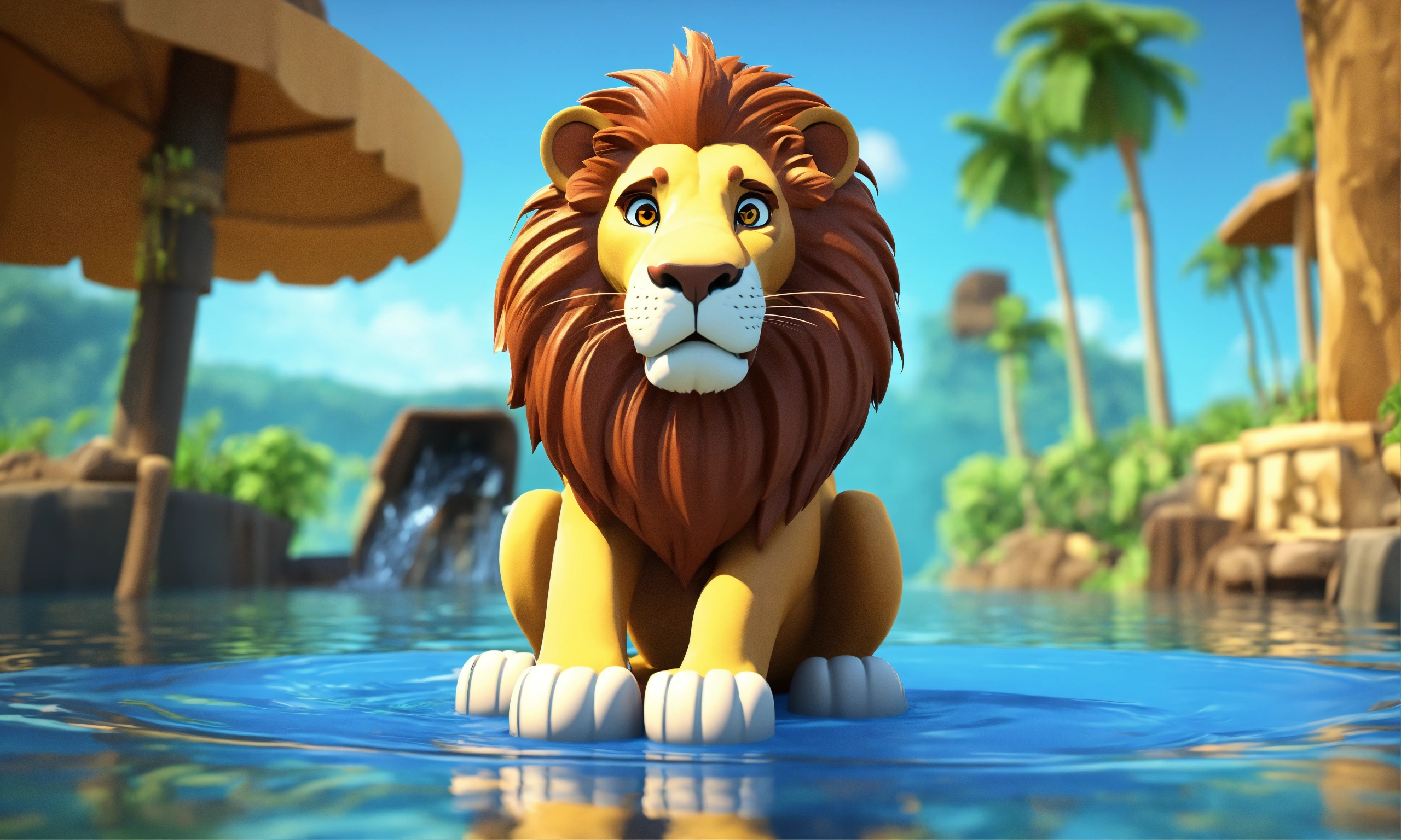 Lexica - 3d animation style cartoon lion seating at the edge of blue ...