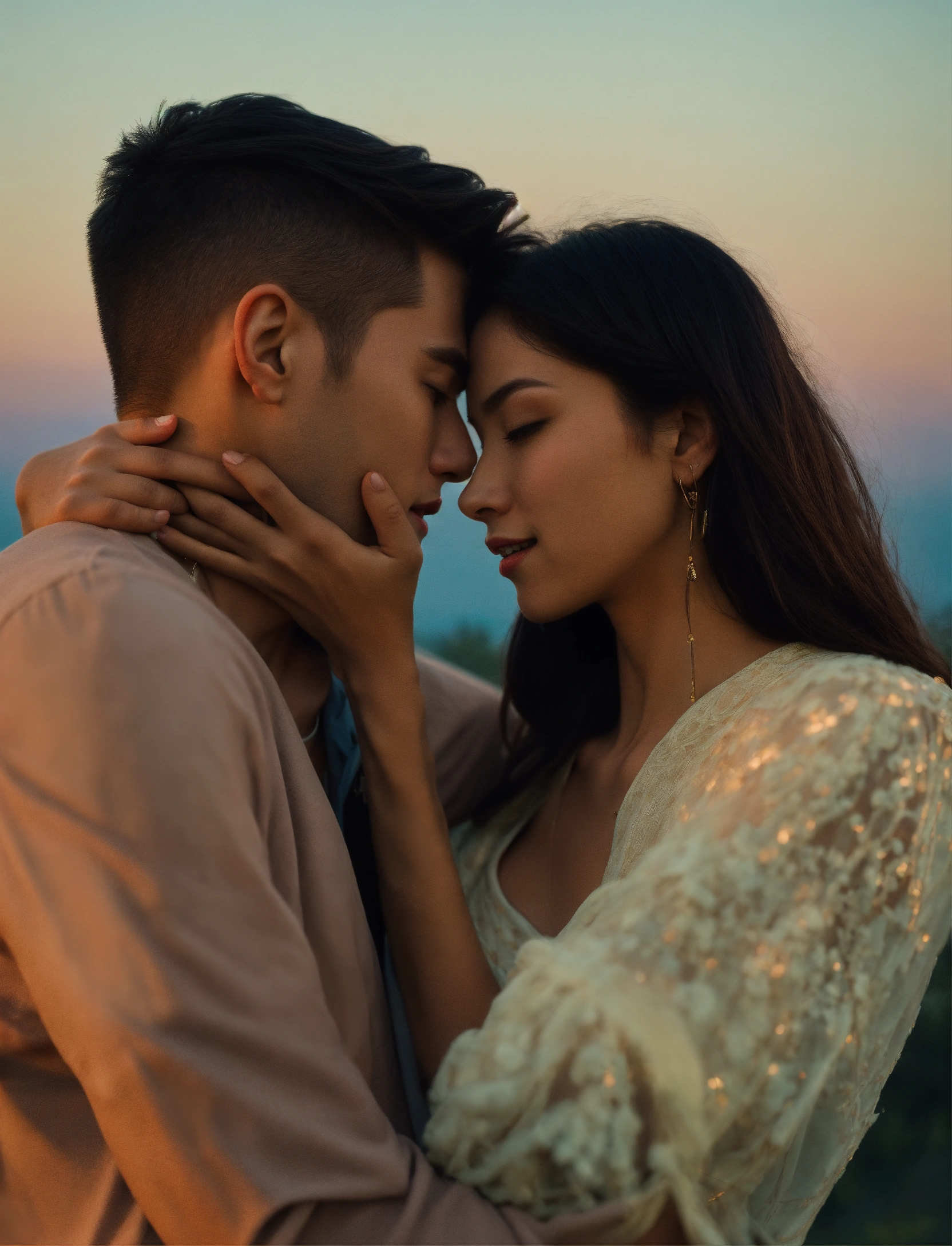 Lexica - Short girl and man lovers, full body, from far away twilight ...