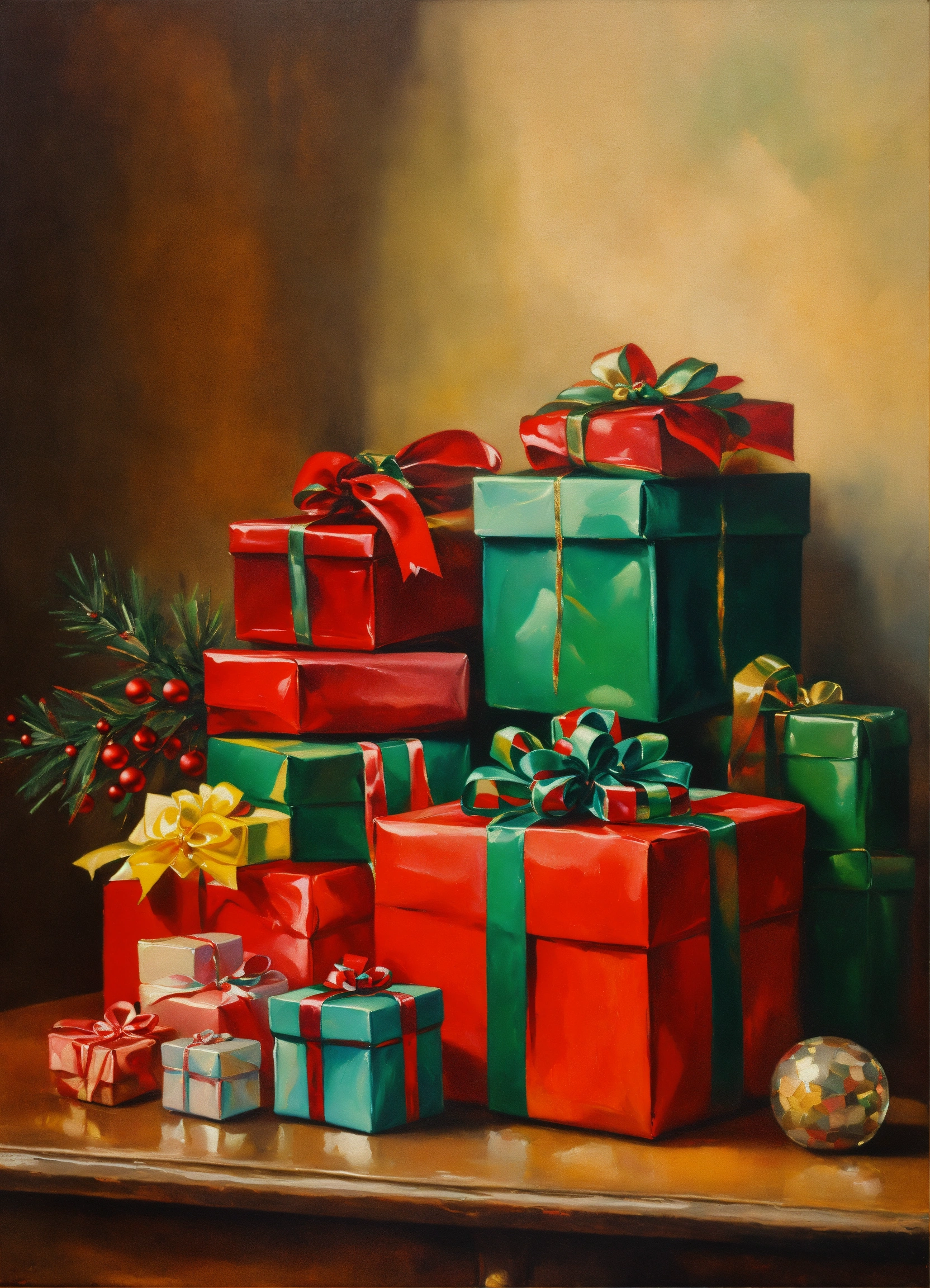 Lexica - Various retro christmas presents on a vintage table, solid ...