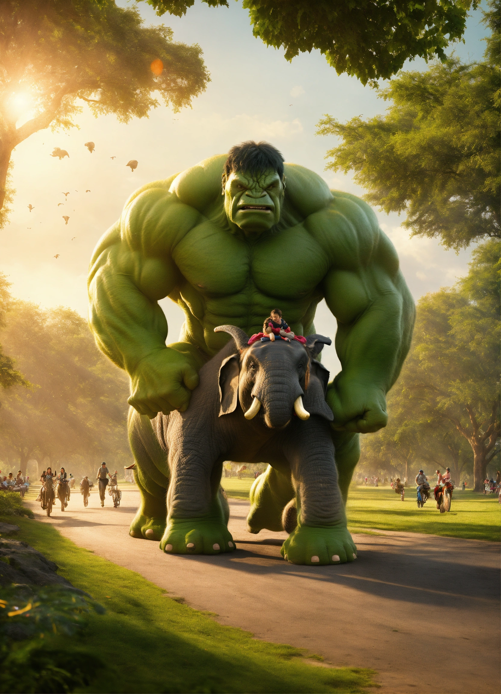 Lexica - Hulk riding an elephant,8k,in the park