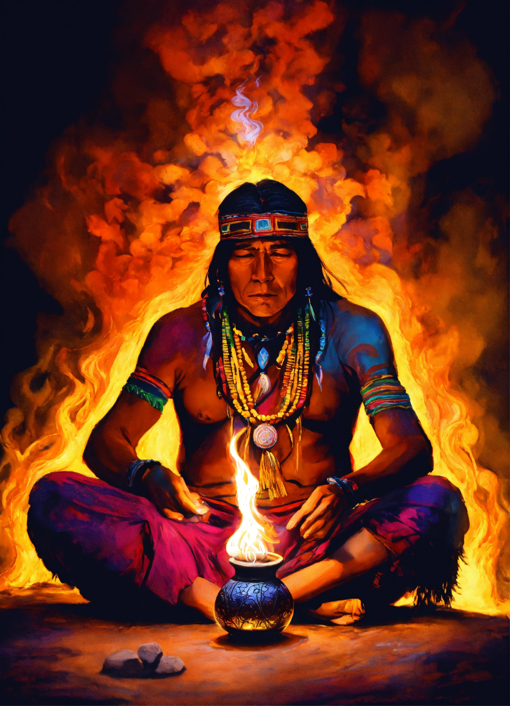 Lexica - Drawing shaman from peru sitted in front of fire, watching us ...