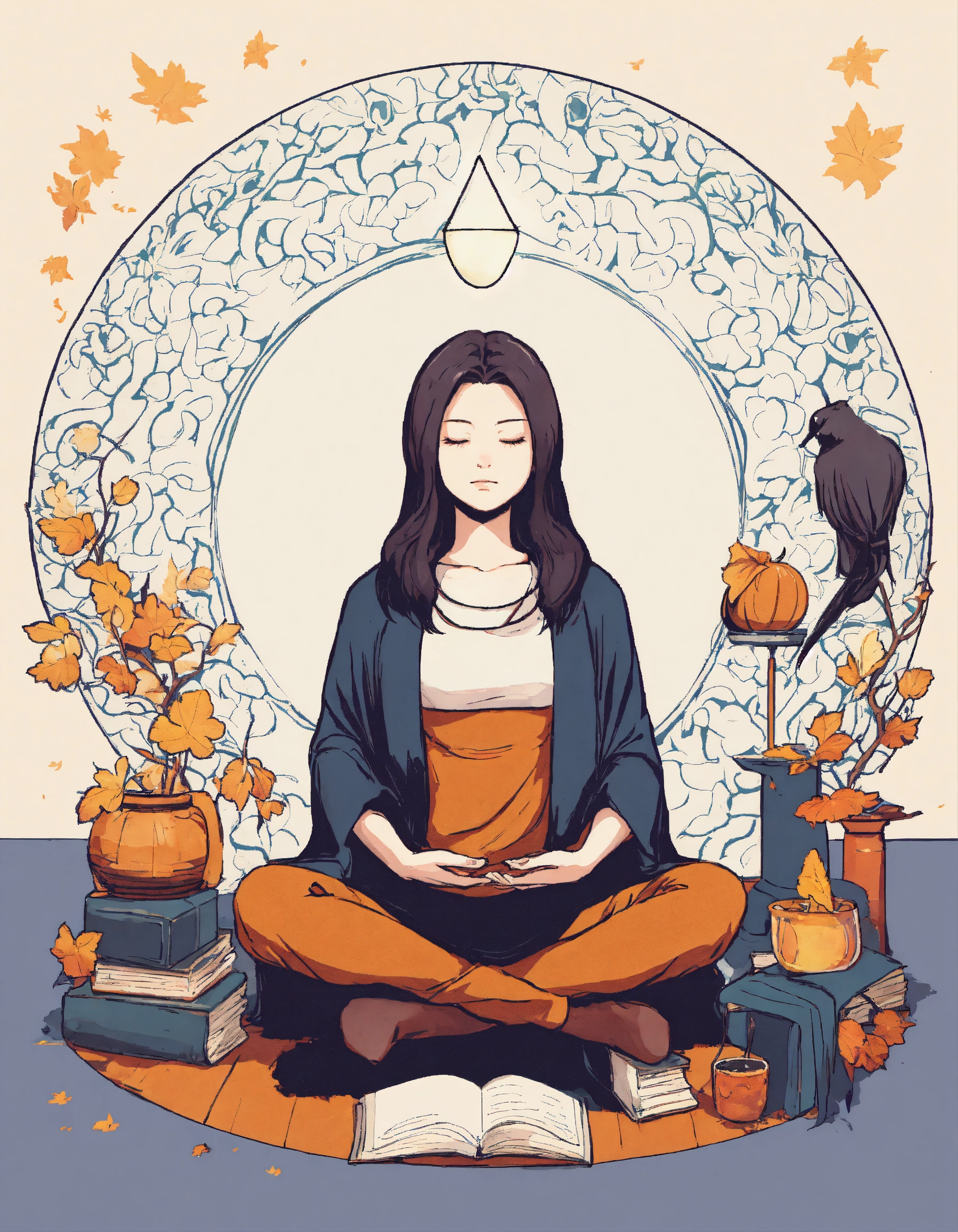 Lexica - Illustration of a witch student Meditating, plain white background