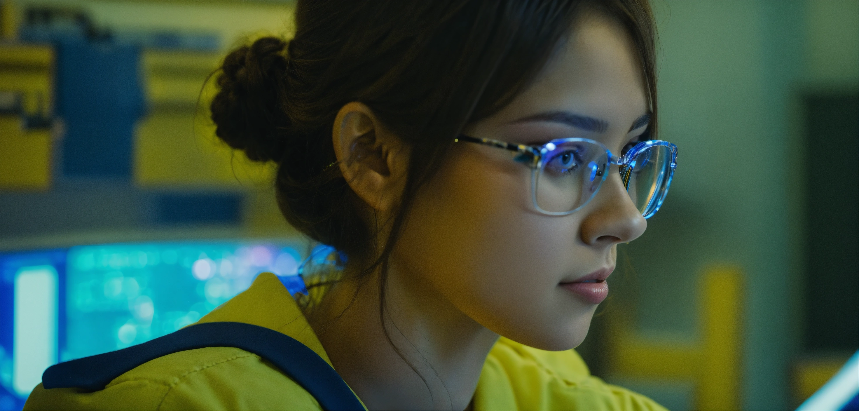 Lexica - Electronic engineer girl holding clear glasses in her hand, side shot