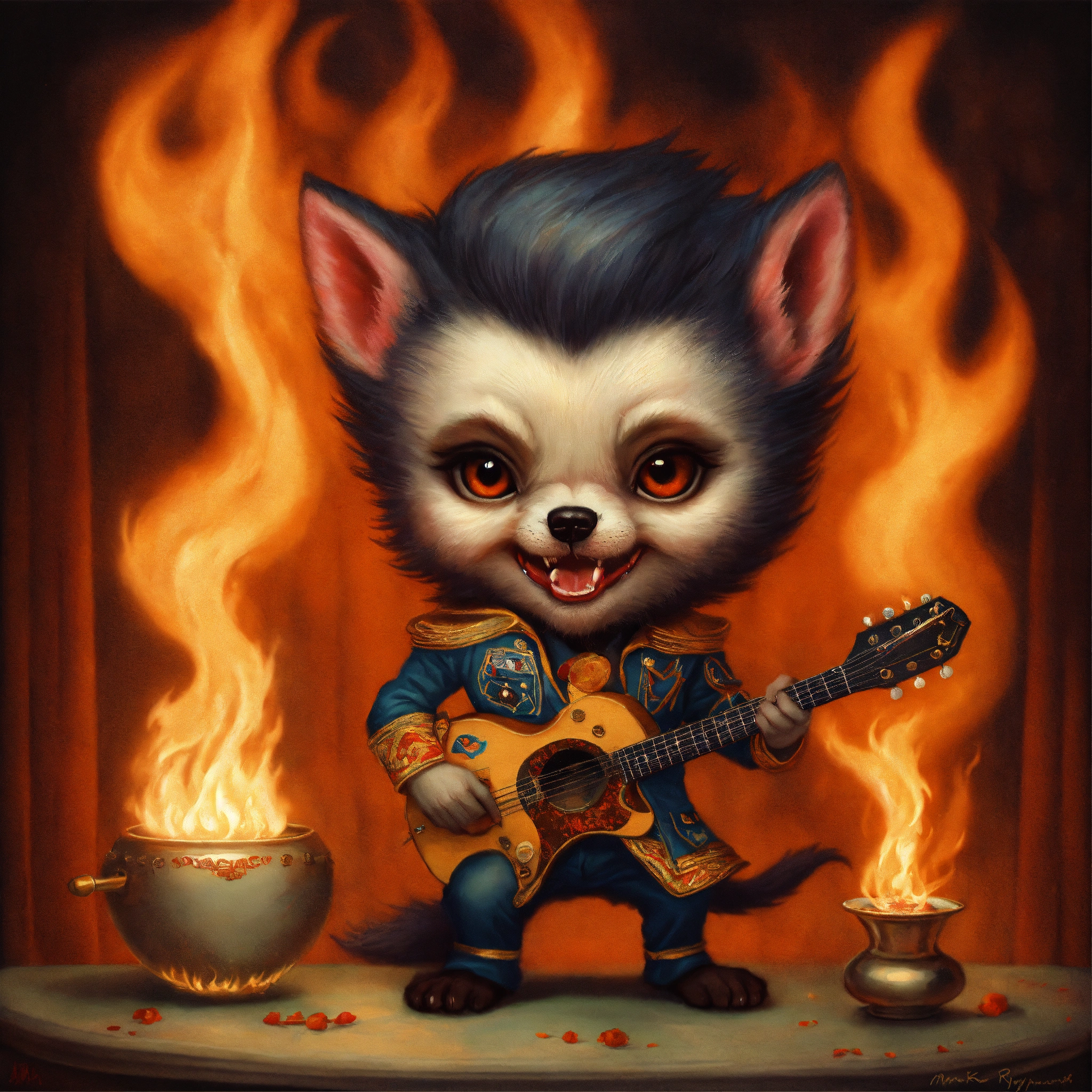 Lexica - A cute werewolf whit elvis costume in flames by mark ryden