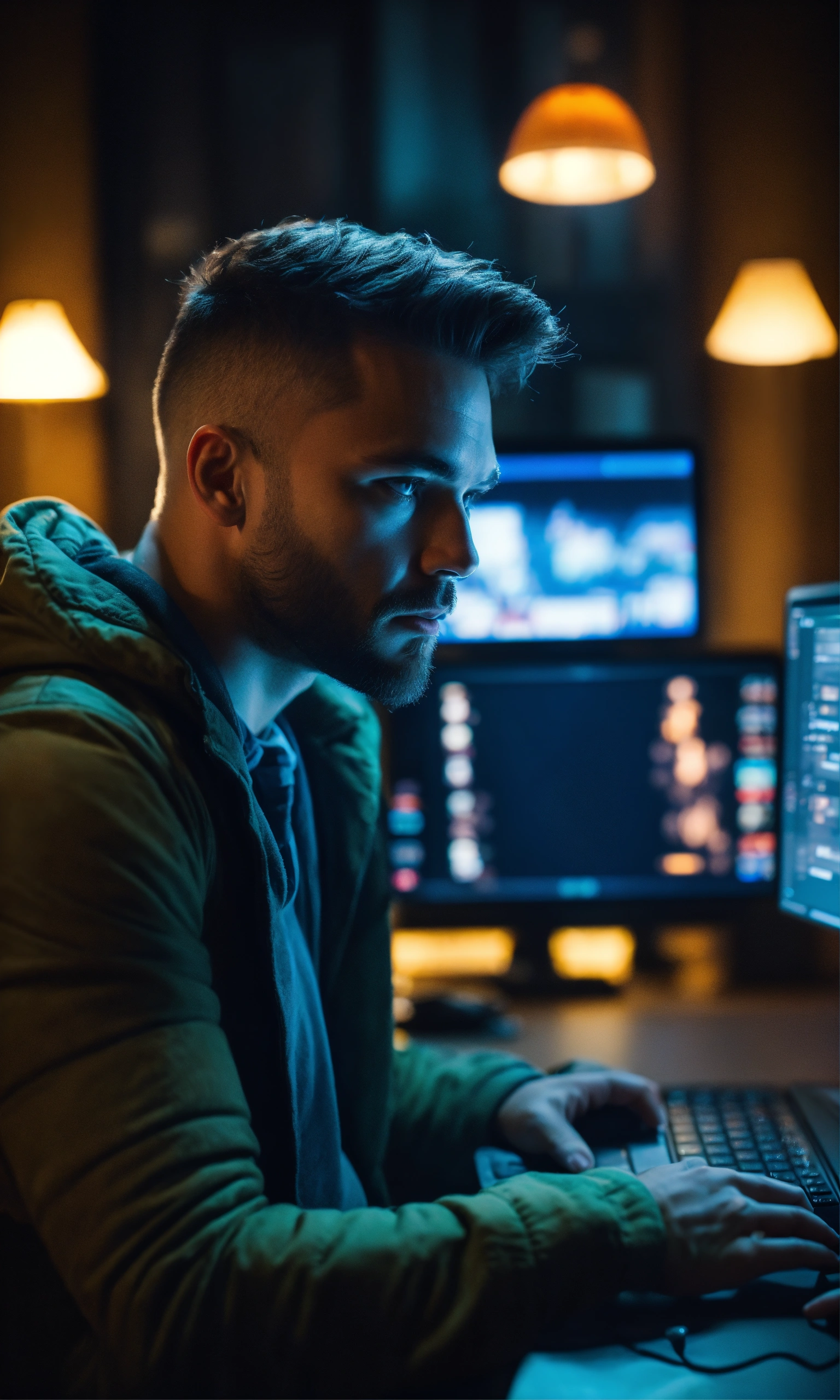 Lexica - Cinematic photo obsessive man on the computer stalking social ...