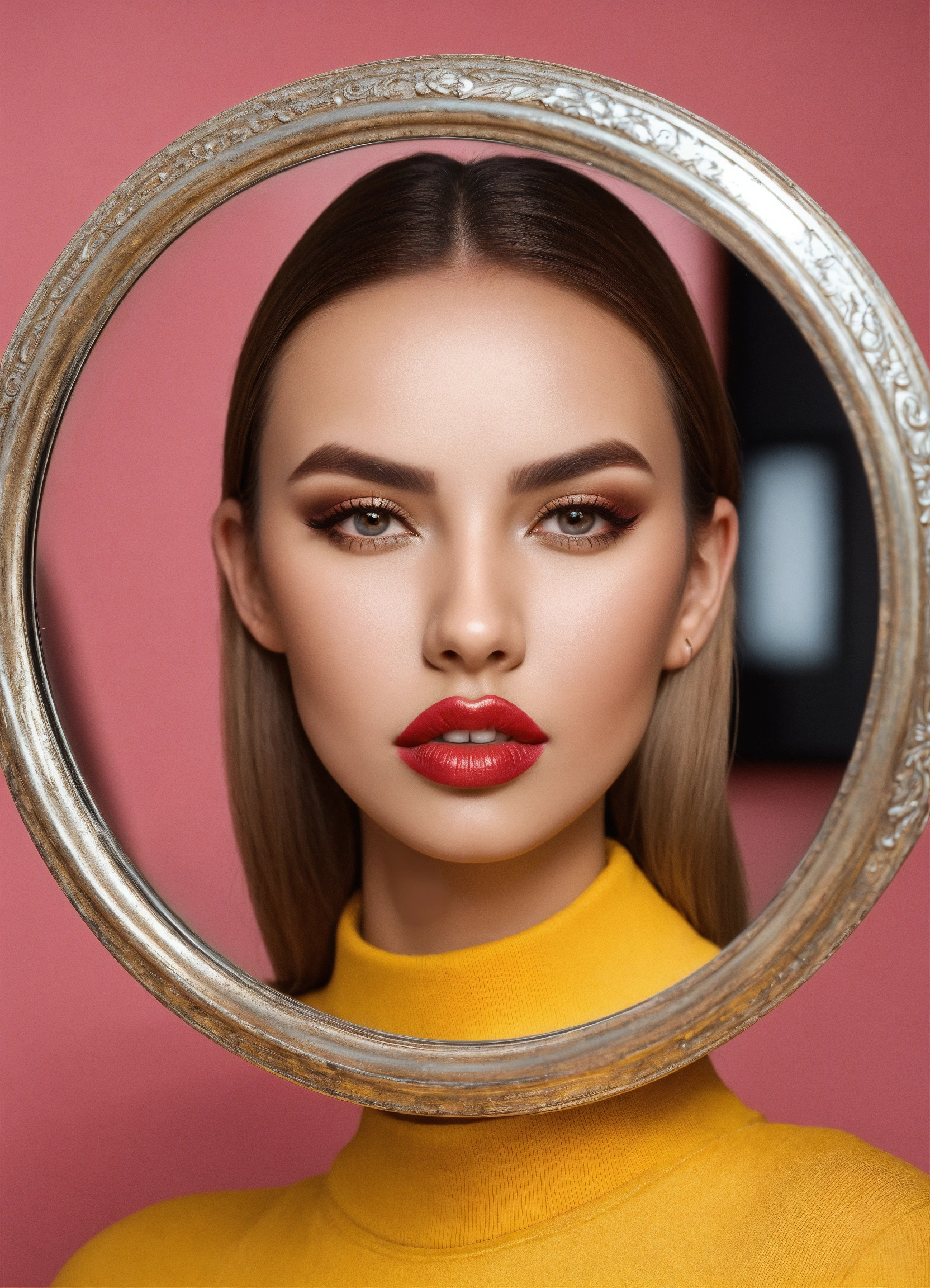 Lexica - Lips makeup in round shaped mirror, beautiful woman with roud ...