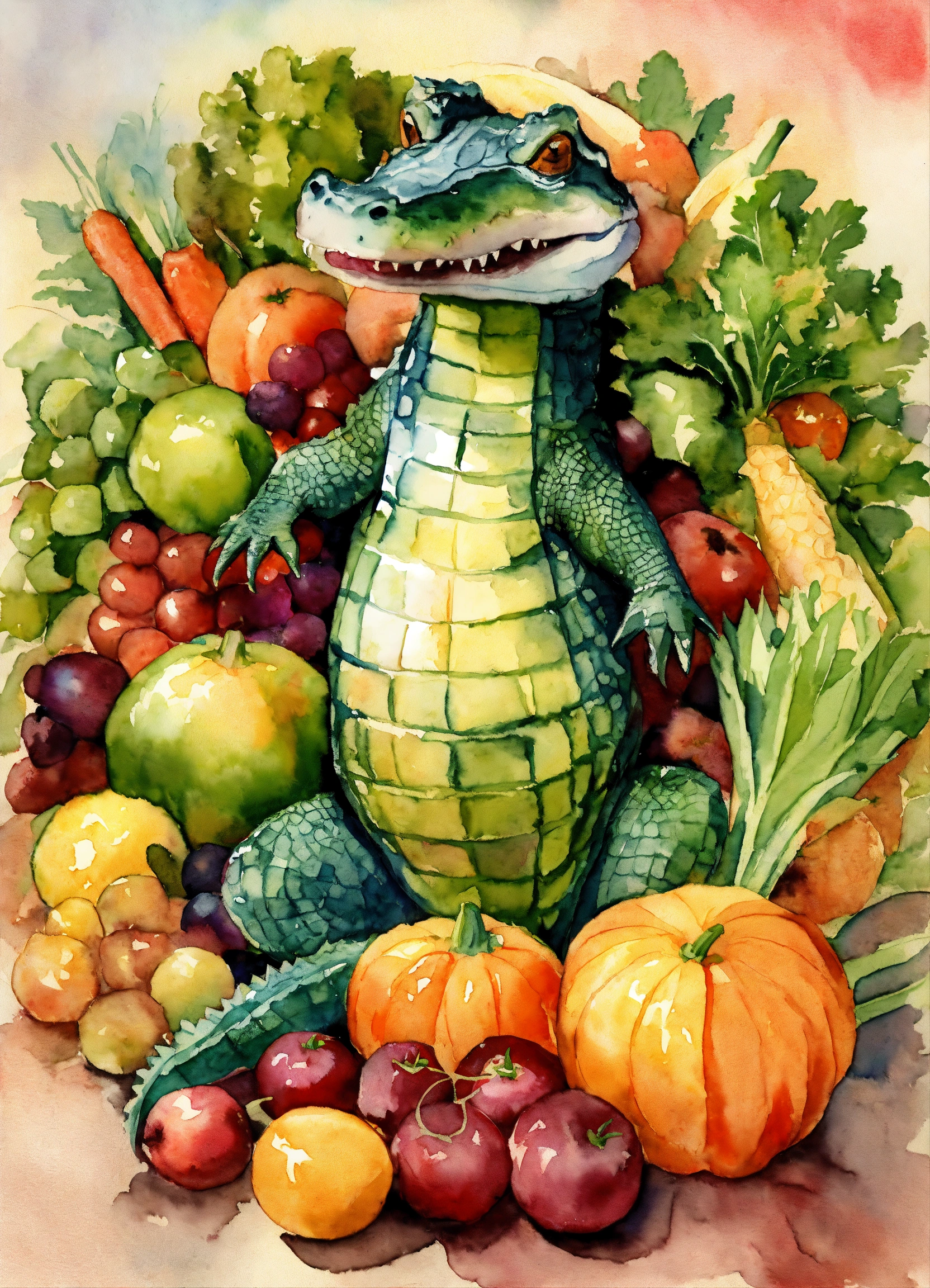 Lexica - Watercolor picture of an alligator surrounded by fruits and ...