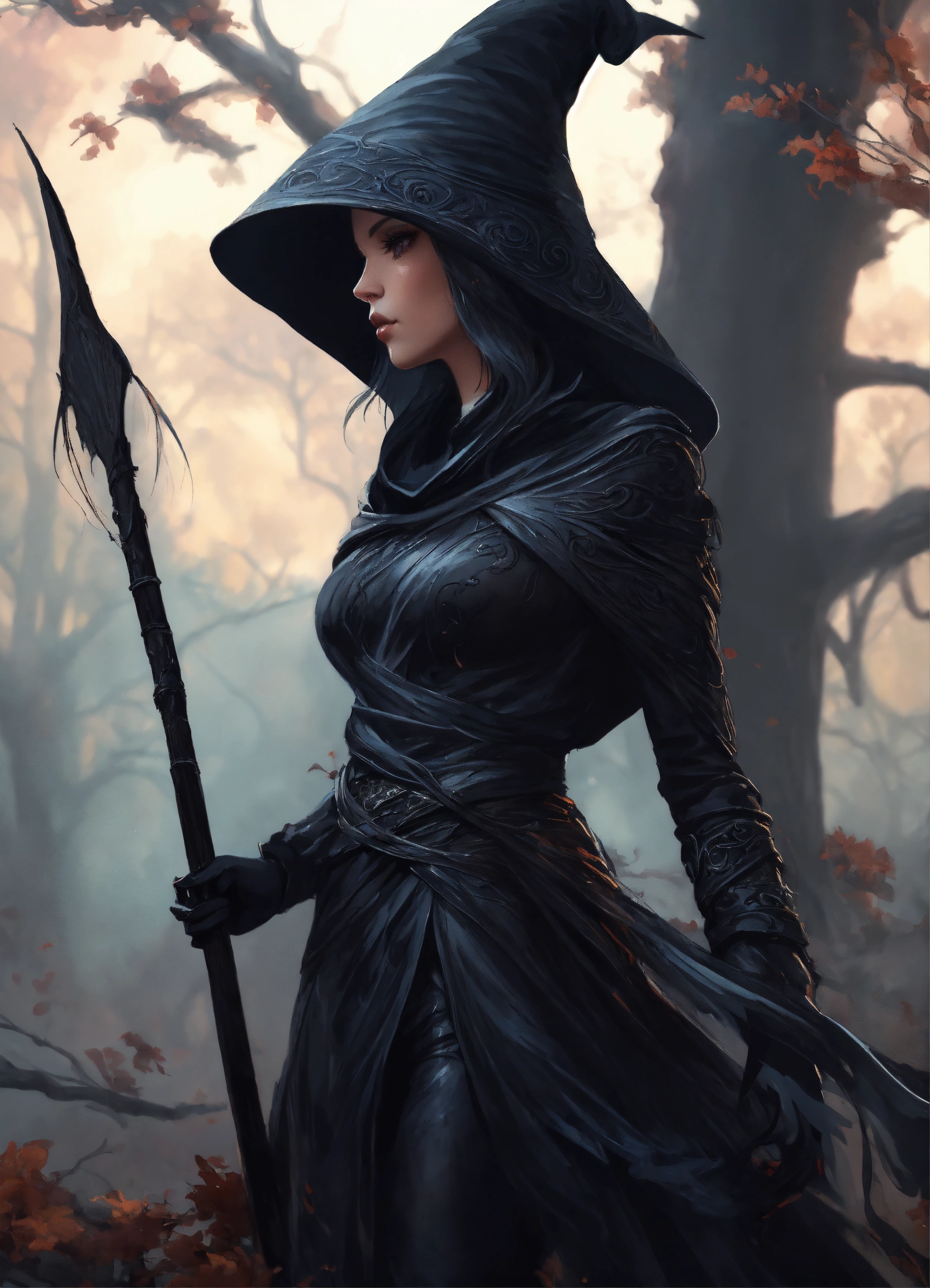 Lexica - Dark fantasy Painting, sideview of witch with black combat ...