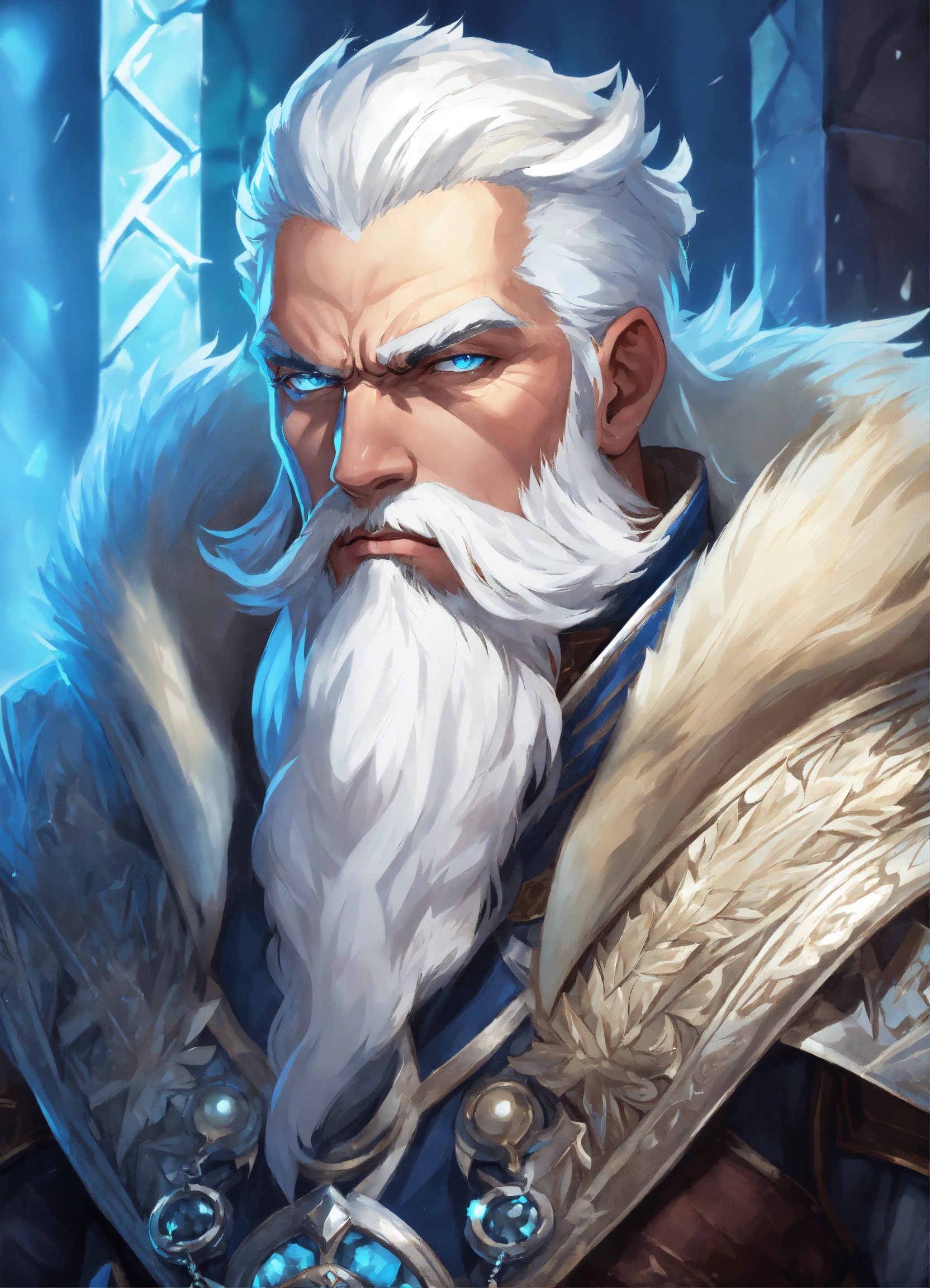 Lexica - An older king of ice with a beard and white hair, vibrant blue ...