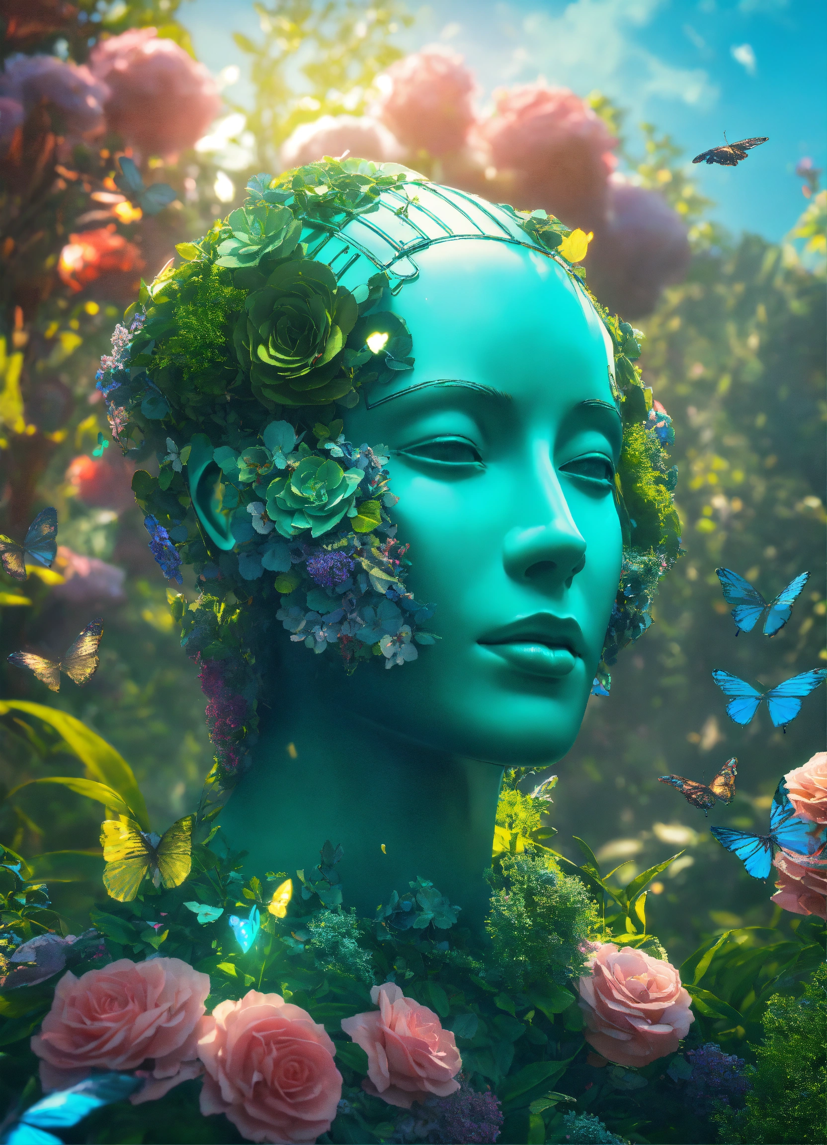 Lexica - A magical melodic garden, green, blue sky with clouds, a ...