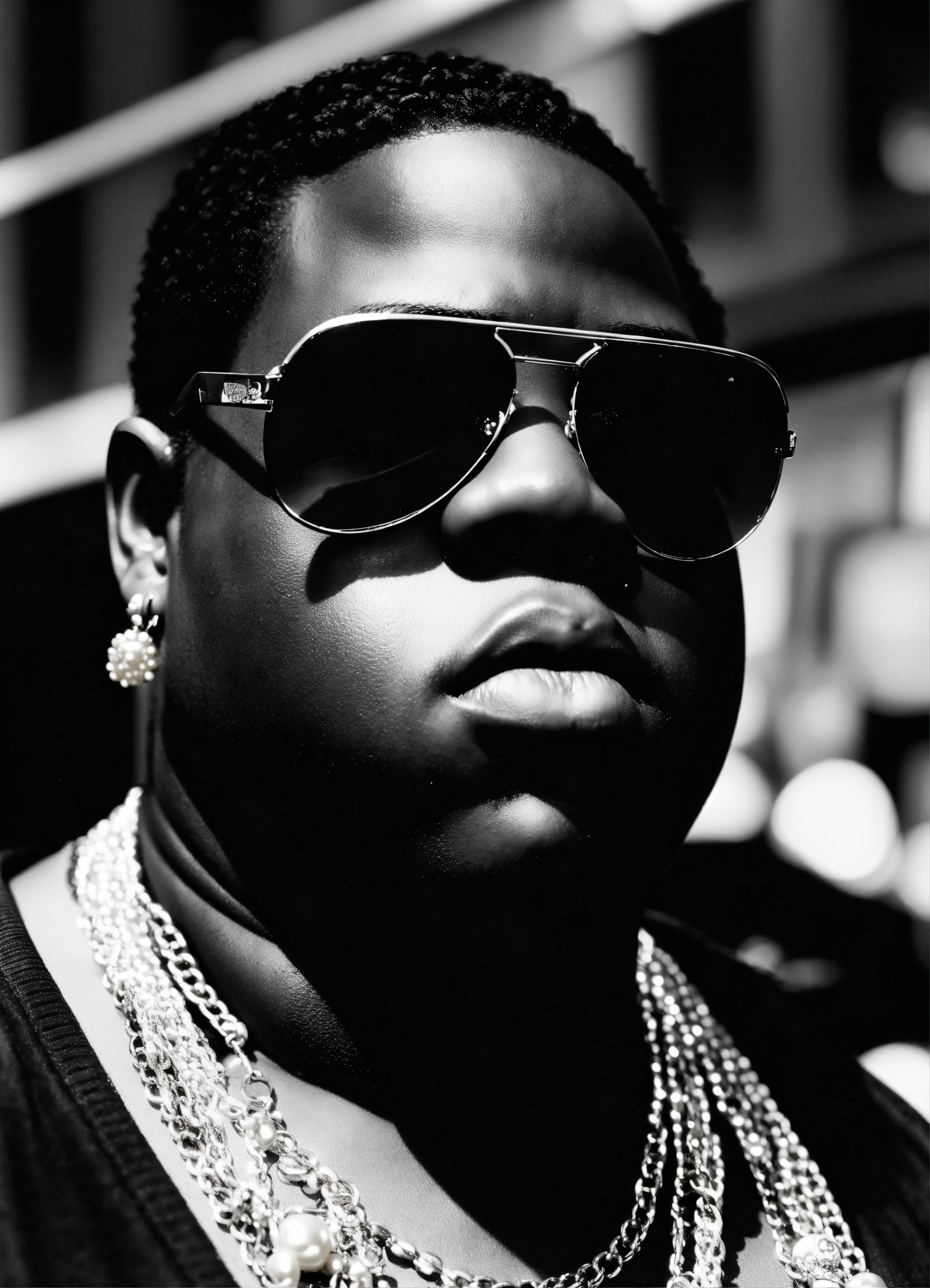 Lexica - Notorious BIG, wearing pearl earrings, black and white ...