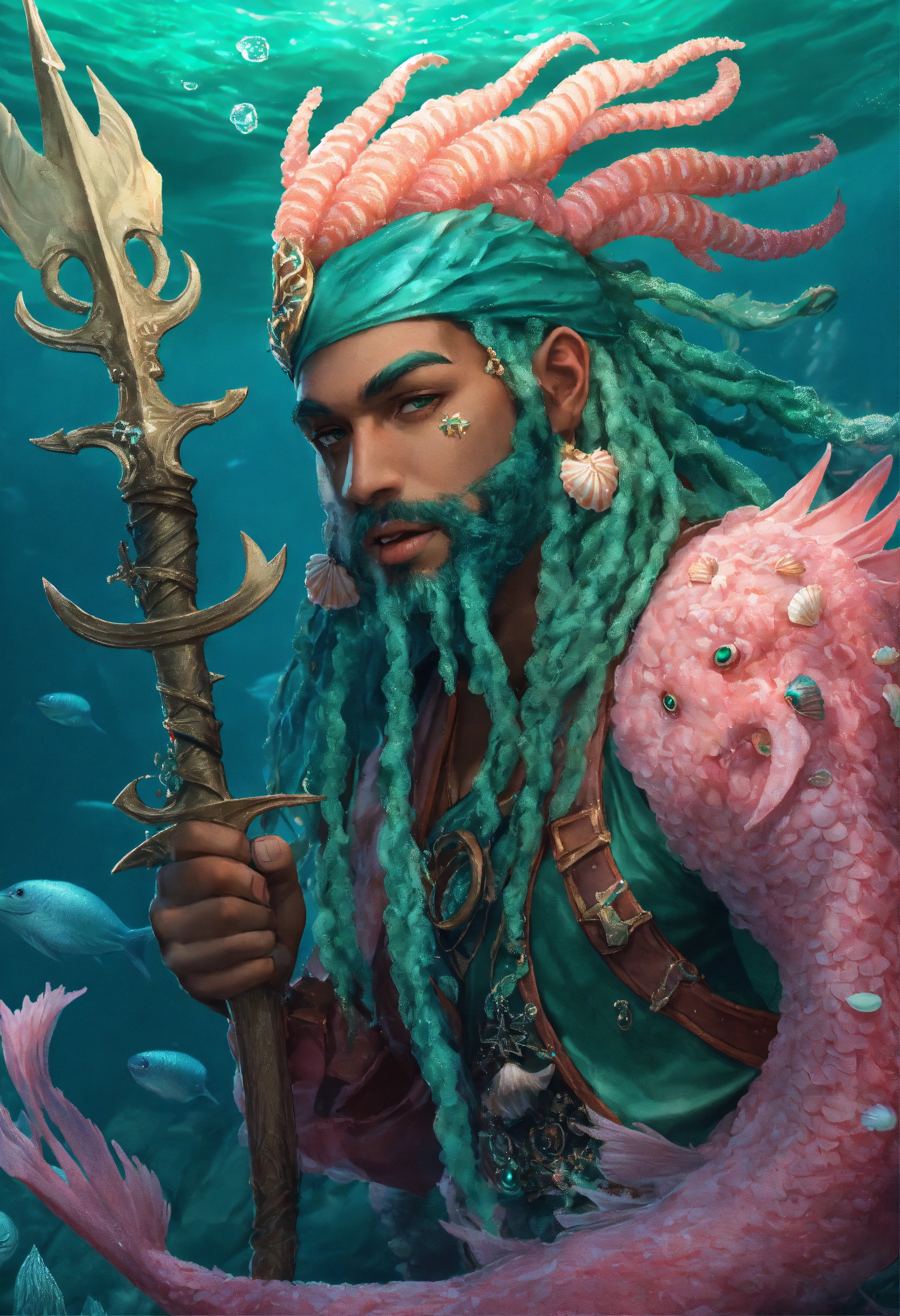 Lexica - A Merman pirate with emerald scales wearing coral and leather ...