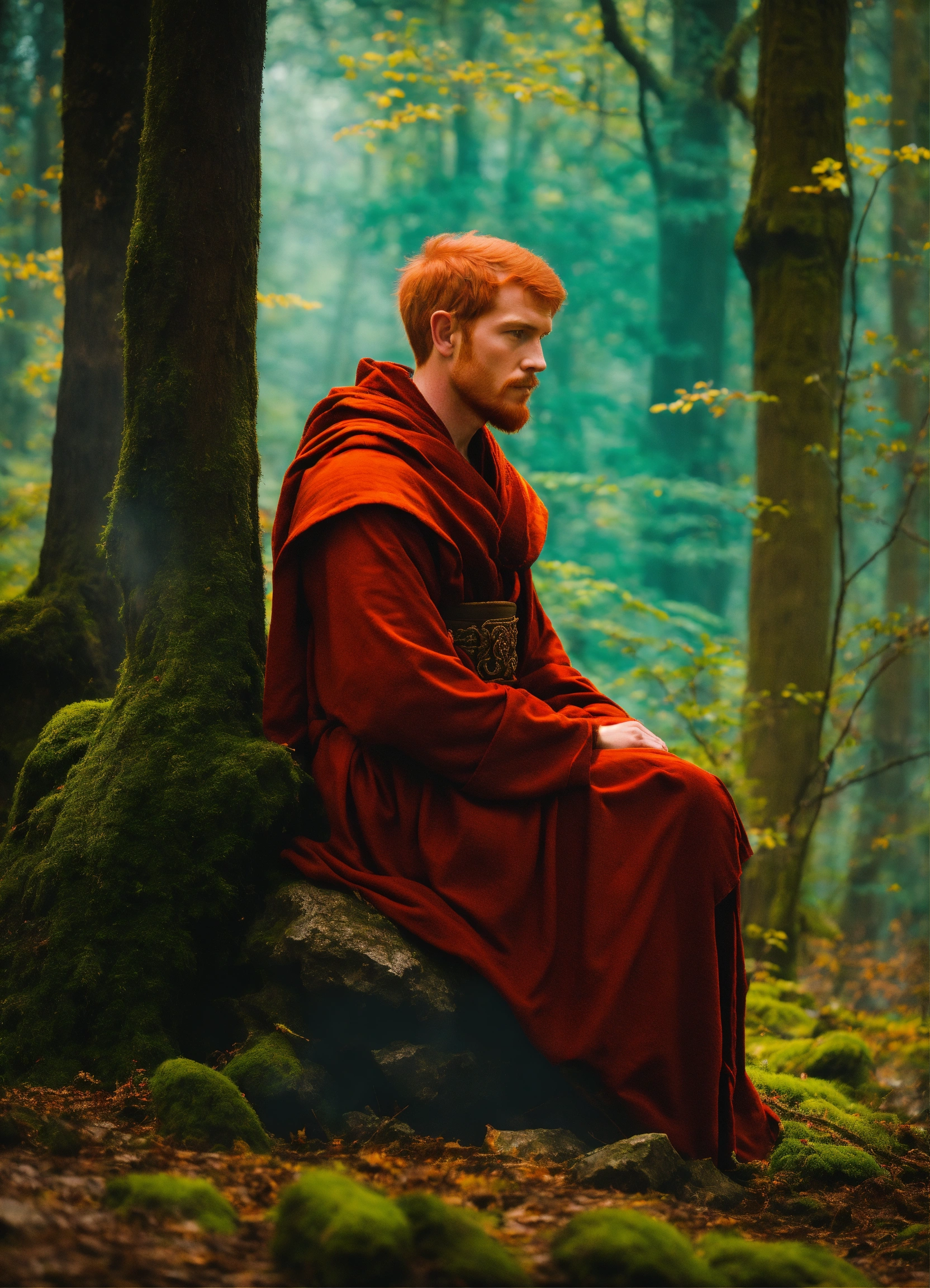 Lexica - Red headed elf monk in robes with Stalf in a forest