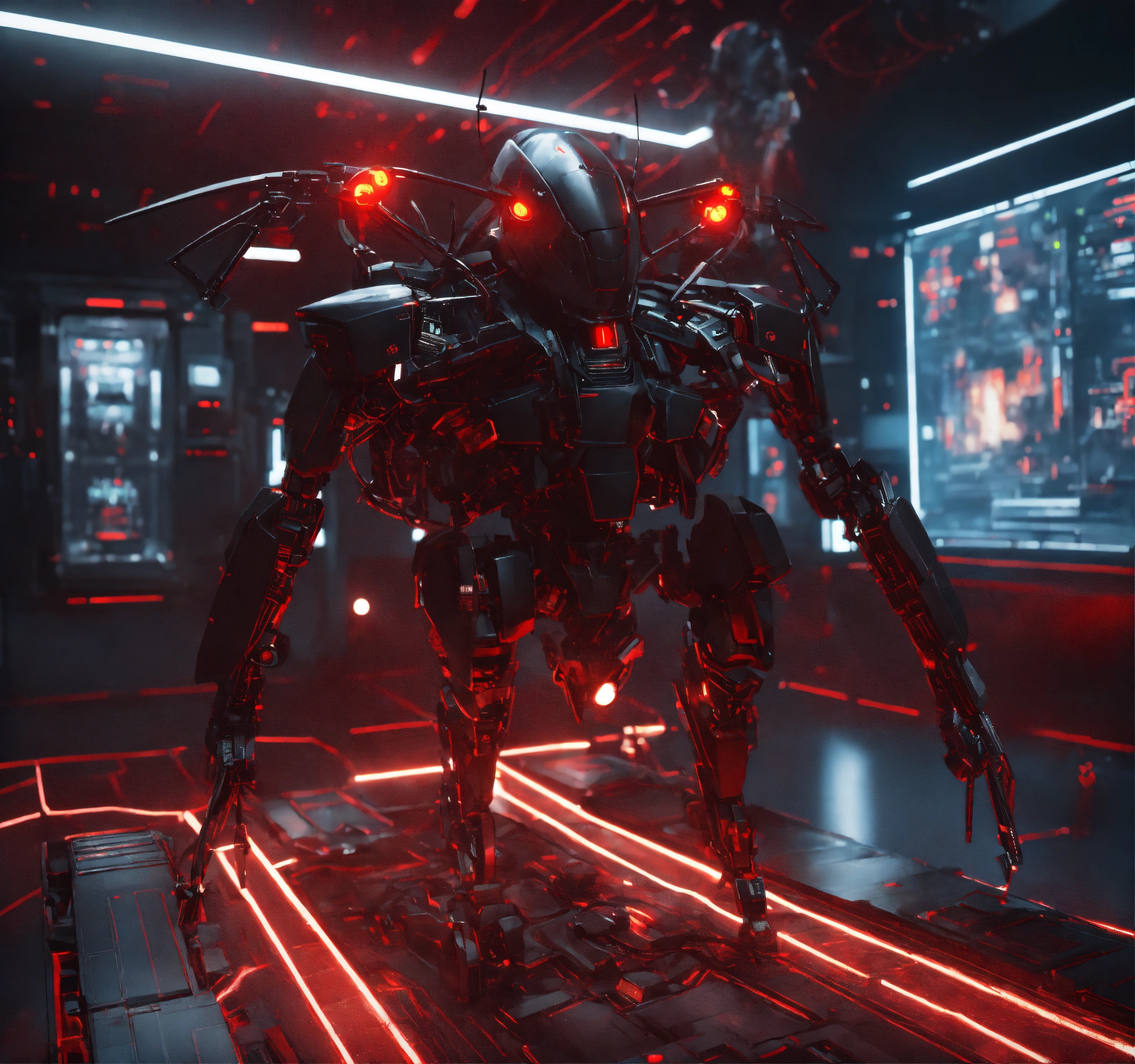 Lexica - Zoom out of black cockroach faced humanoid with red glowing ...