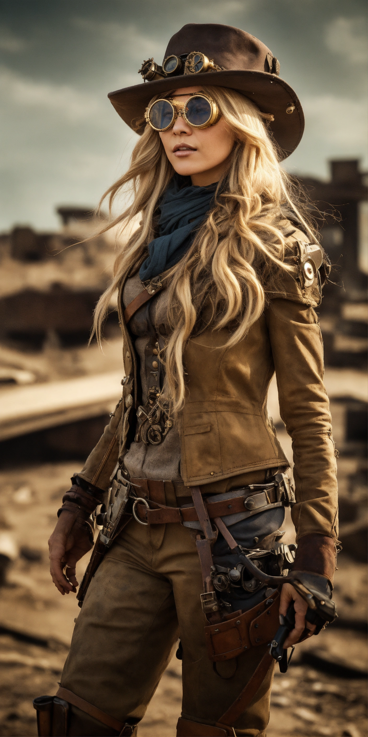 Lexica - A female sniper bandit with long blond hair with hat and steampunk glasses in a Farwest ...