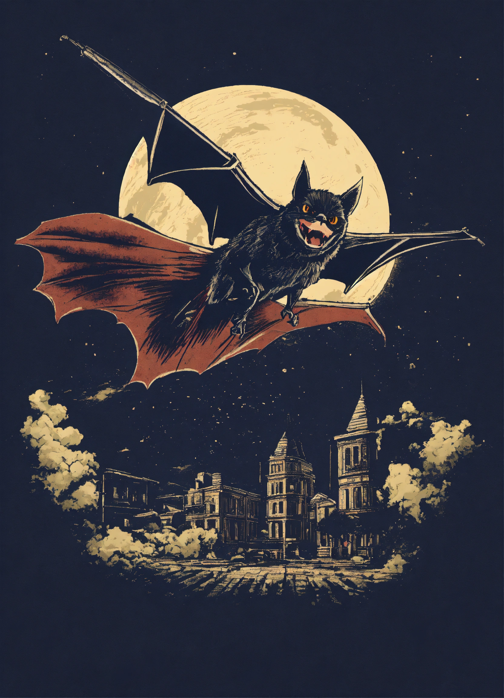 Lexica - T-shirt design, aggressive flying bat holding WWII bomb, dark sky