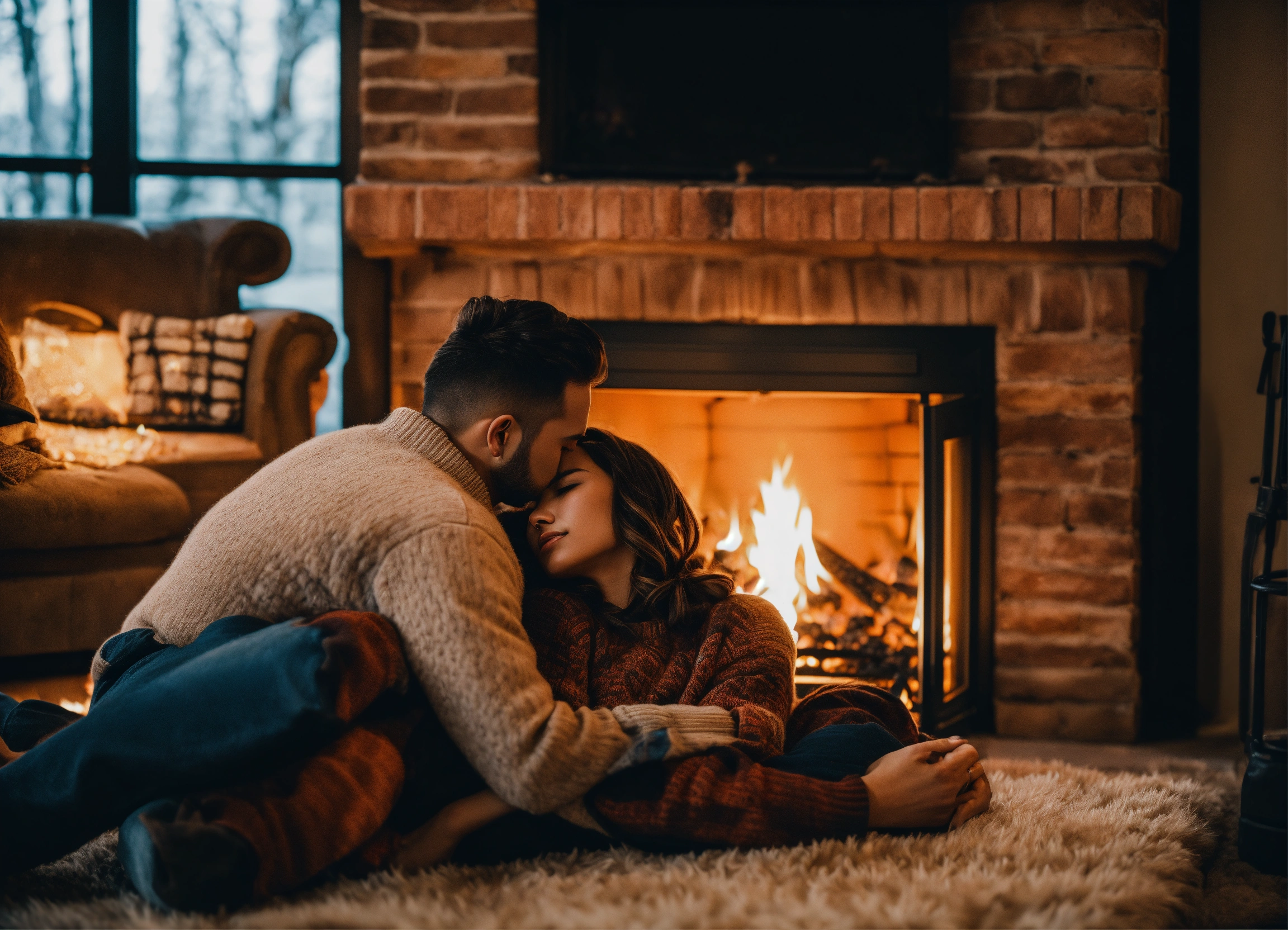 Lexica - Man a woman cuddling by the fireplace