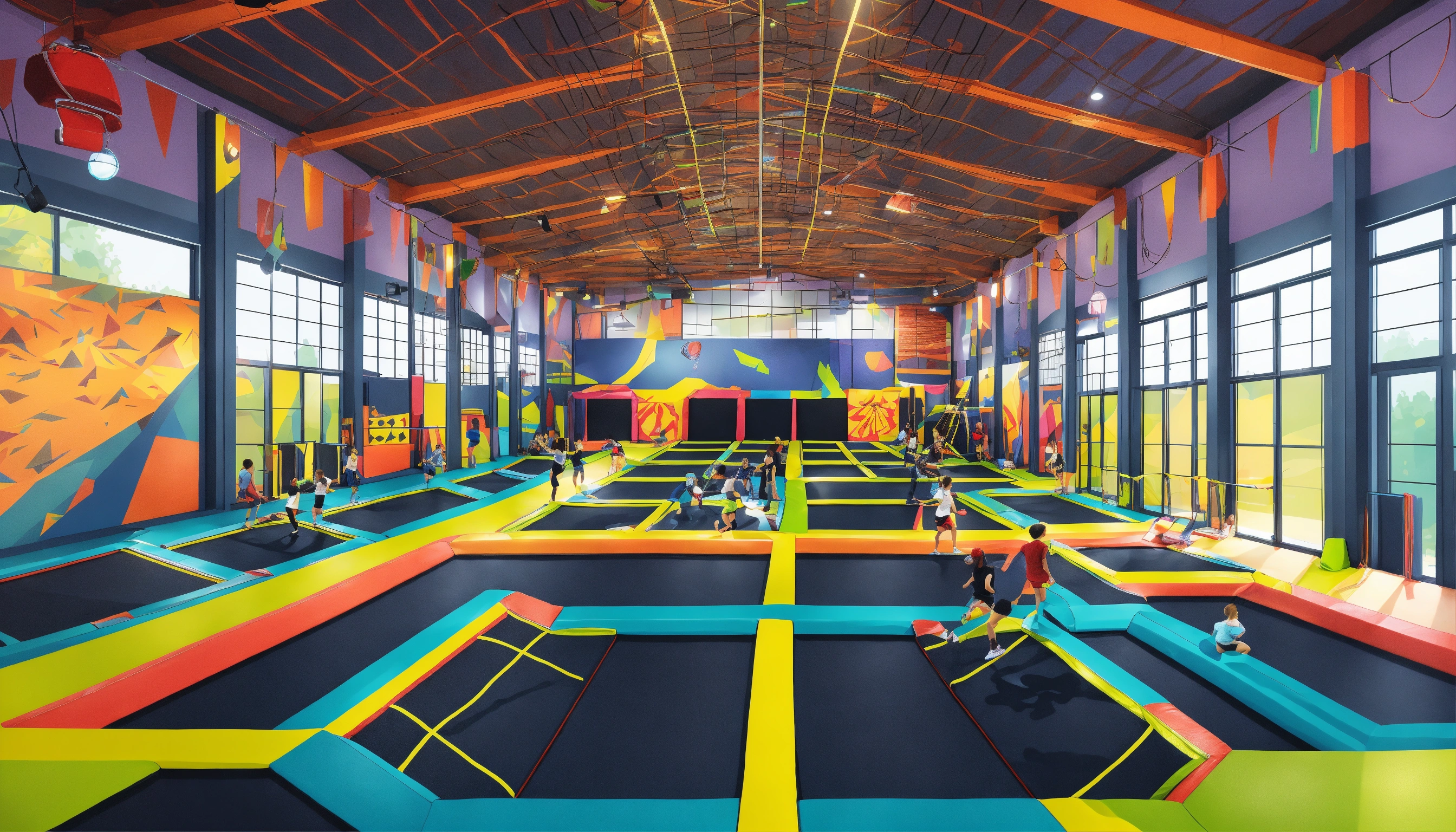 Lexica - Indoor trampoline park beautiful illustration, intricate details