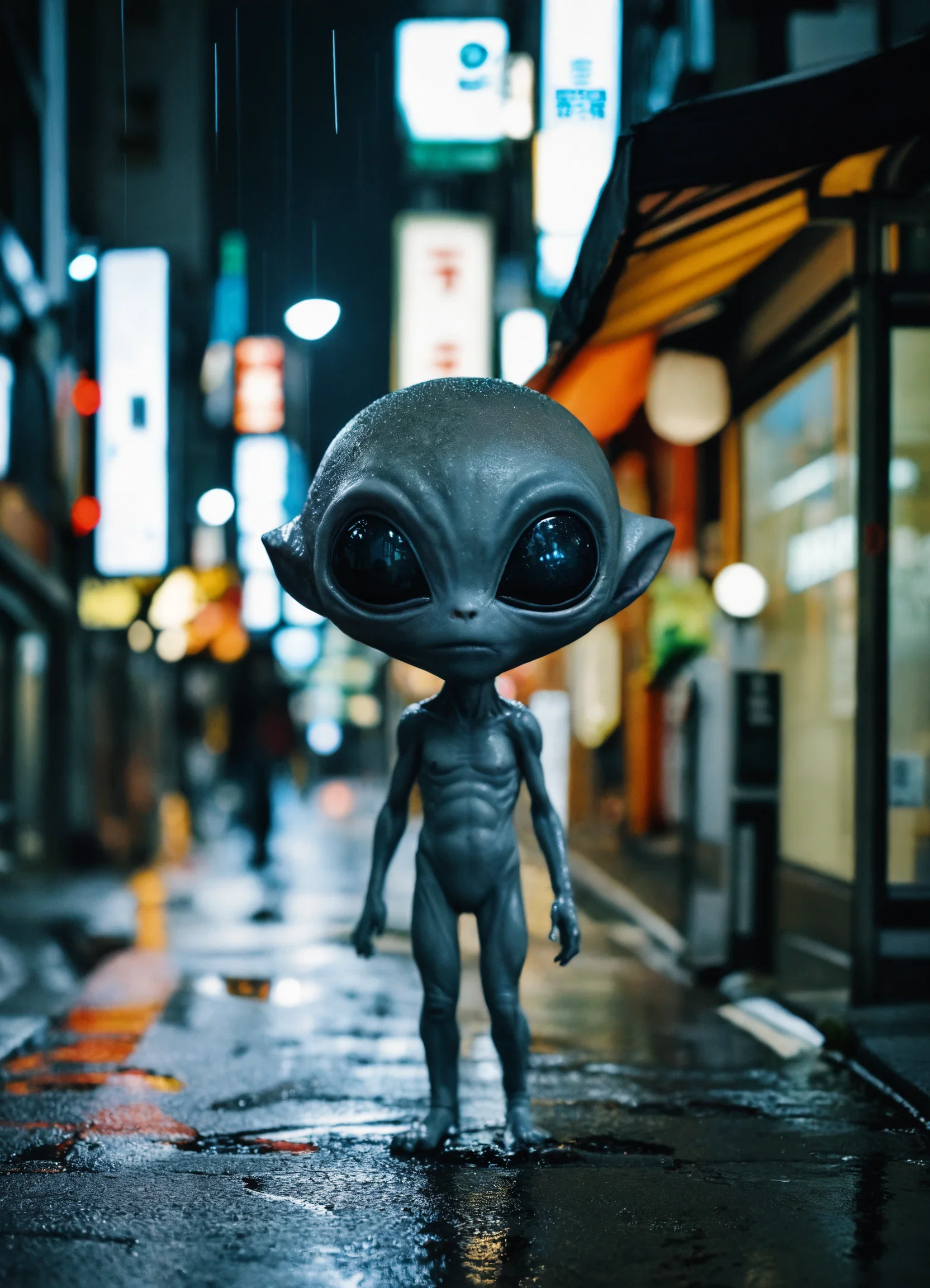 Lexica - Very cute, realistic grey alien standing in the street of ...