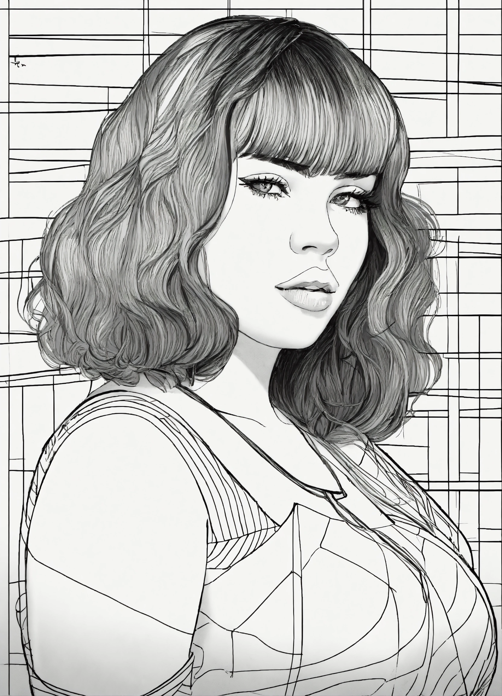 Lexica - Black and white line drawing, plus size woman, bob with bangs ...