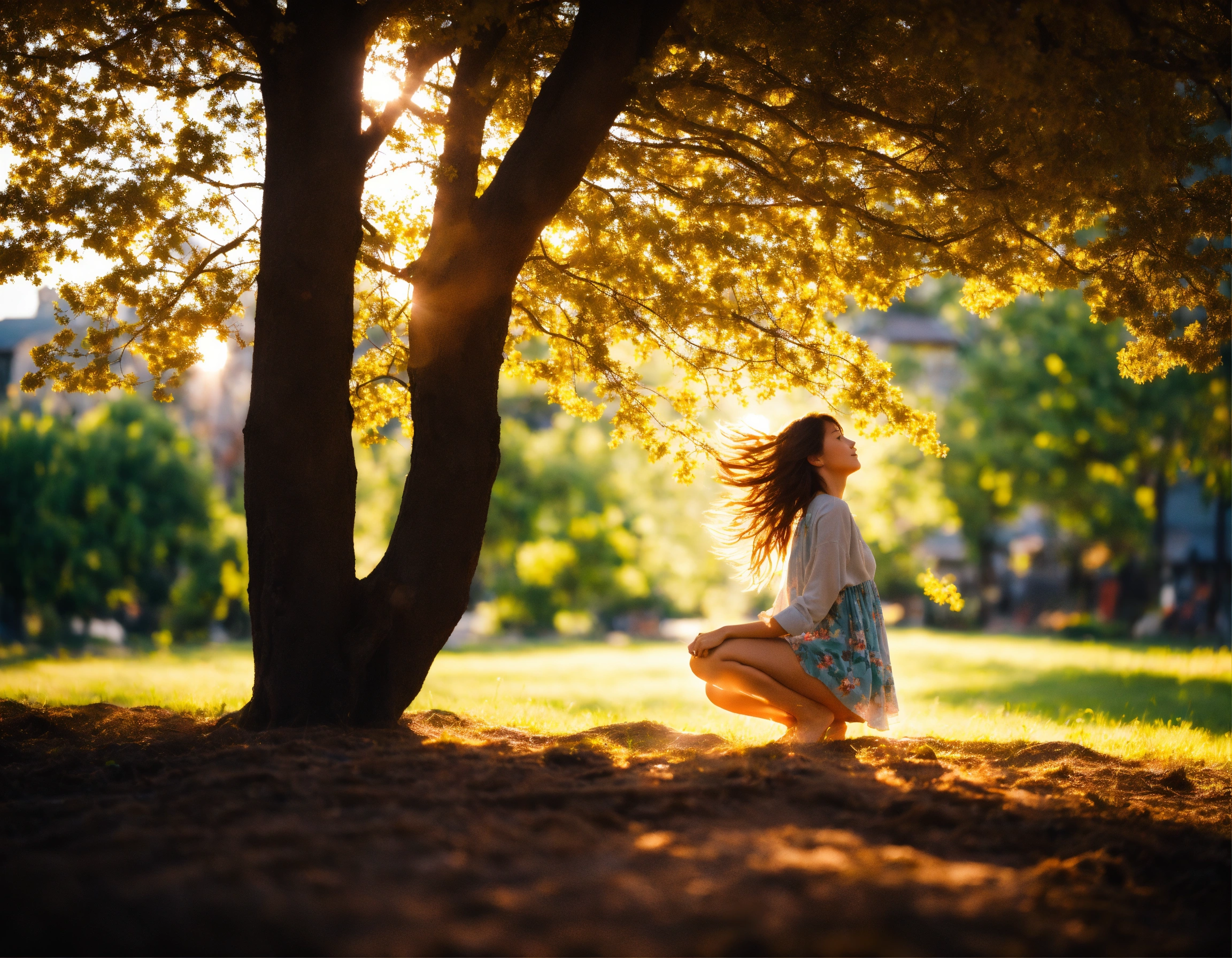 Lexica - Girl grounding under a tree and sun in soft focus. Creatively ...